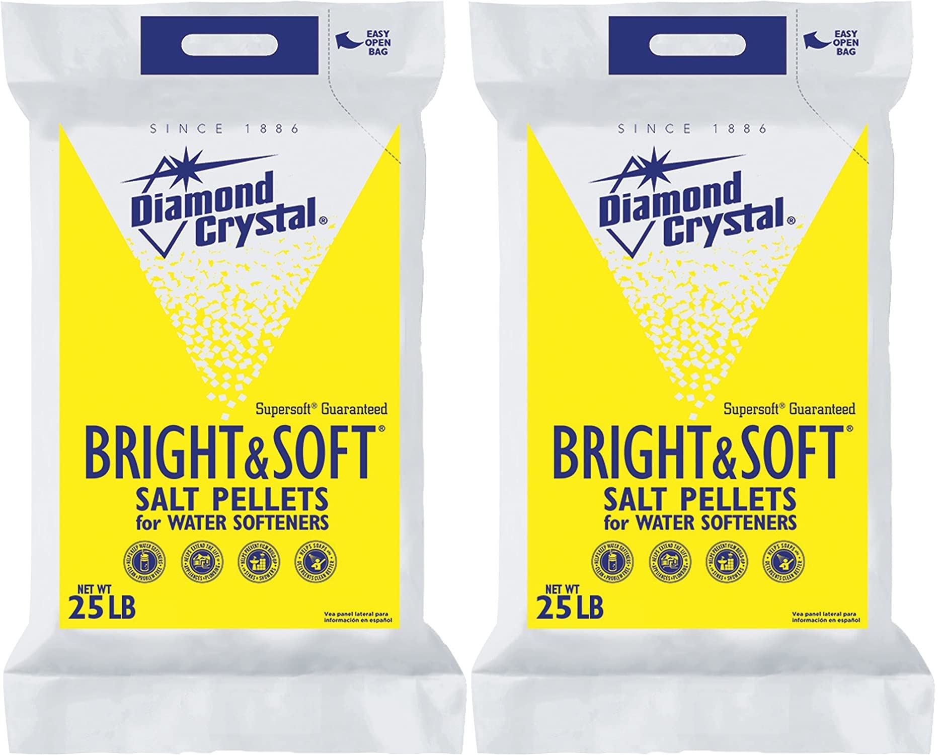 TWO PACK - Diamond Crystal Bright and Soft Water Softener Salt Pellets 25lb Yellow Bag - Easy Lifting