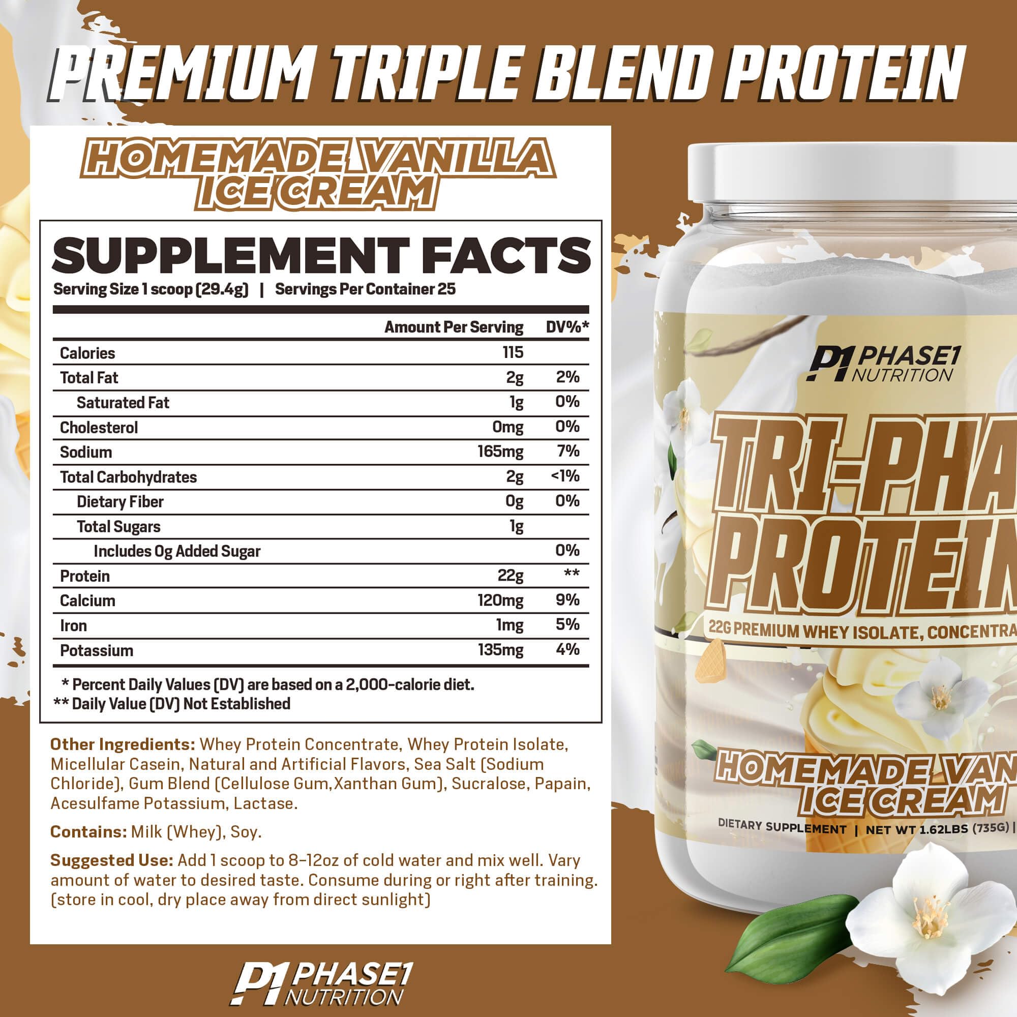 Phase One Nutrition Low Carb Protein Blend of Whey Isolate, Concentrate, and Casein from Keto Friendly (Homemade Vanilla Ice Cream)