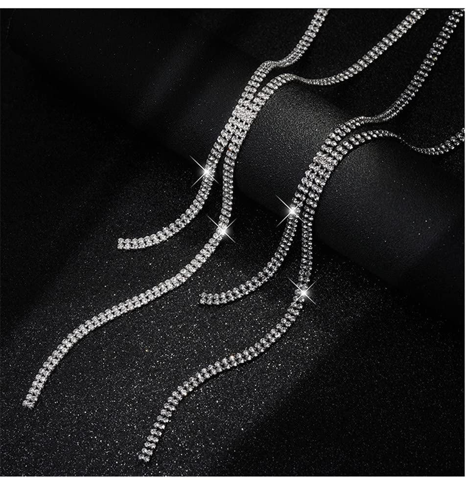 Sither Silver Crystal Necklace for Women Long Sweater Chain Statement Necklace for Wedding Jewelry for Dressy Winter Evening Party