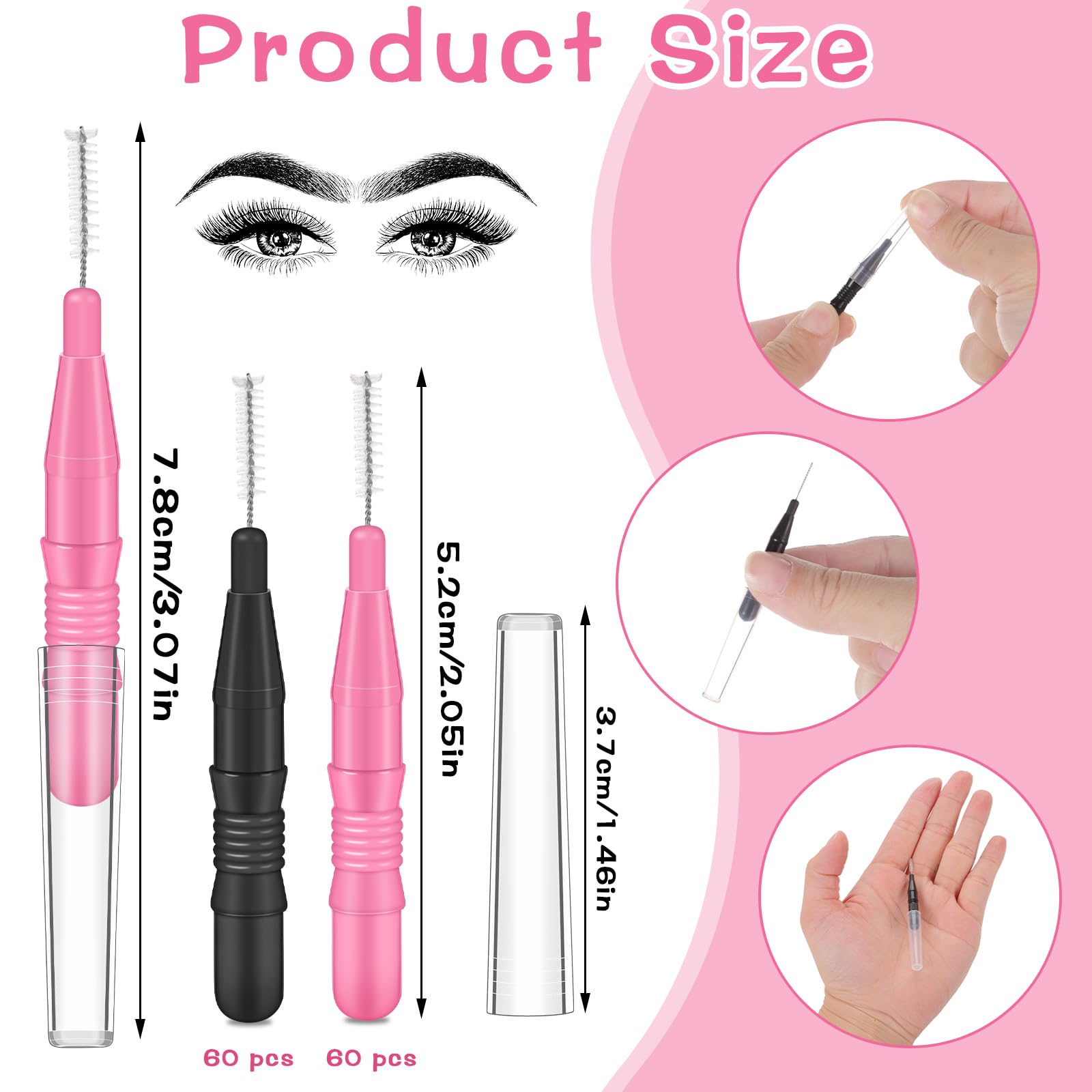 WSICSE 120 Pcs Micro Eyebrow Brush, Brow Lamination Brush with Cap Micro Eyebrow Lamination Brush Eyebrow Lash Lift Tool for Eyelash and Eyebrow Extensions(Black,Pink), D6917K-11-N