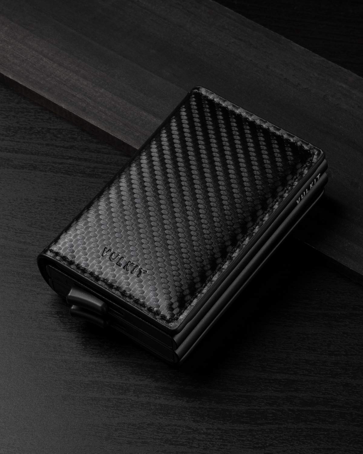 VULKIT Pop Up Wallet Automatic Leather Slim Credit Card Holder RFID Blocking Metal Double Card Case for Men and Women Carbon Fiber Black