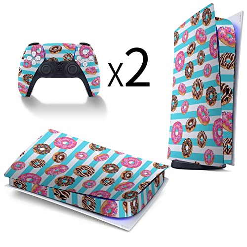 Yummy Donuts on Striped Full Protective Skin Cover Design Wrap Decal Sticker Compatible with PS5 Digital Edition Console and Controller