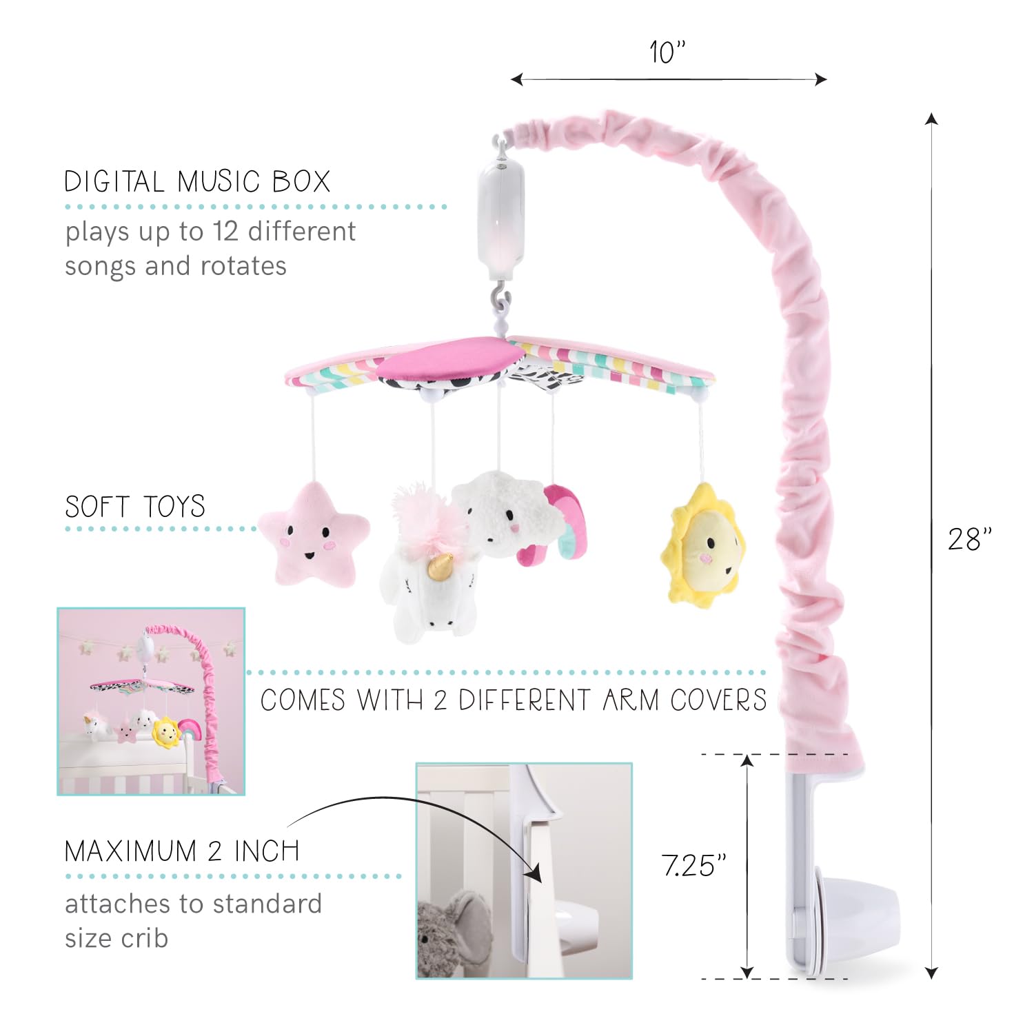 The Peanutshell Crib Mobile for Girls, Unicorn, Stars, Rainbow, Montessori Inspired