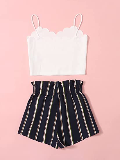 Romwe Girl's Cute 2PC Scallop Trim Cami Top & Paperbag Waist Belted Shorts Summer Set Stripe Blue 7Y