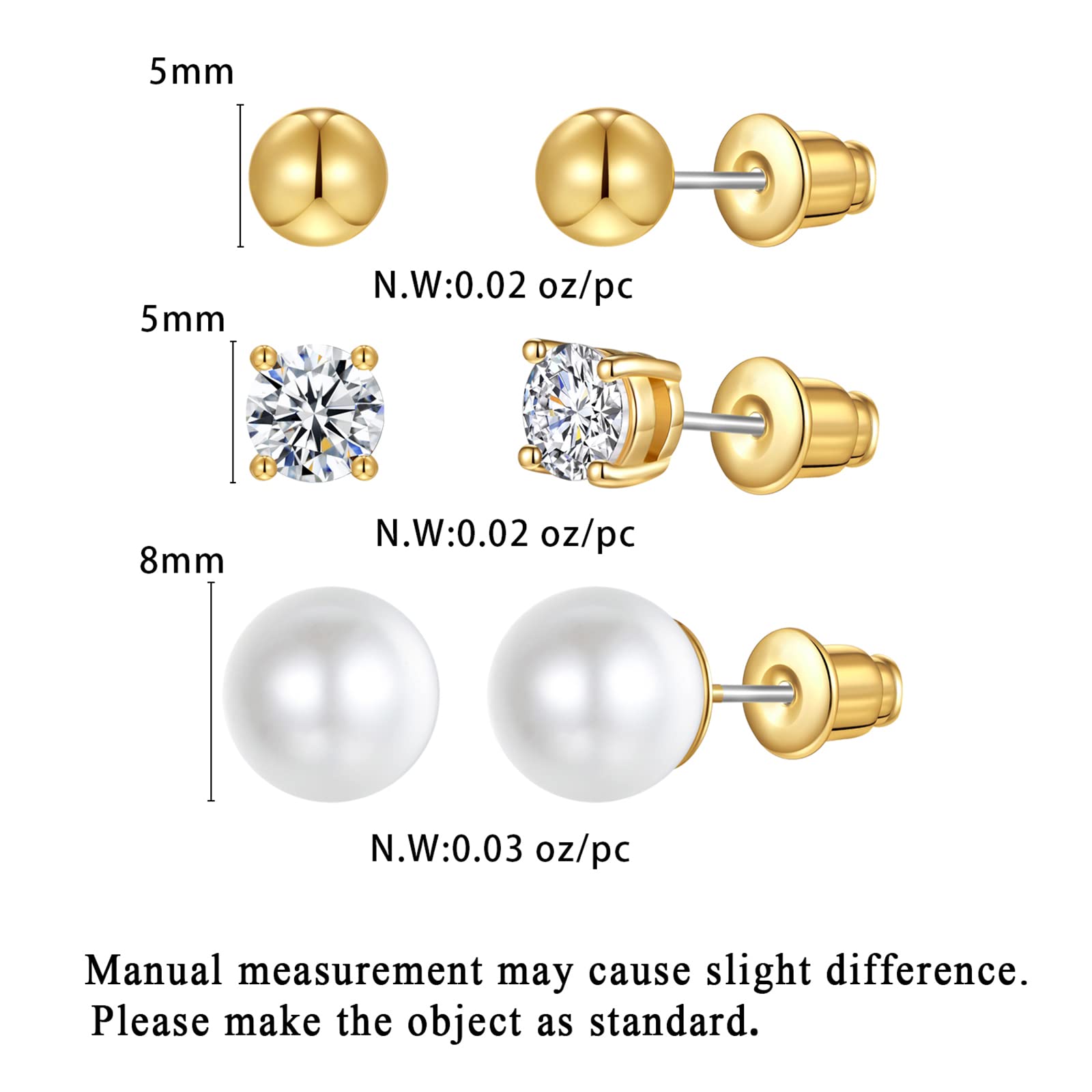 WOWORAMA 3 Pairs Pearl Stud Earrings for Women 18K Gold Plated Ball Stud Earrings Tiny CZ Cubic Zirconia Pearl Stud Earring Set Small Lightweight Stud Earrings