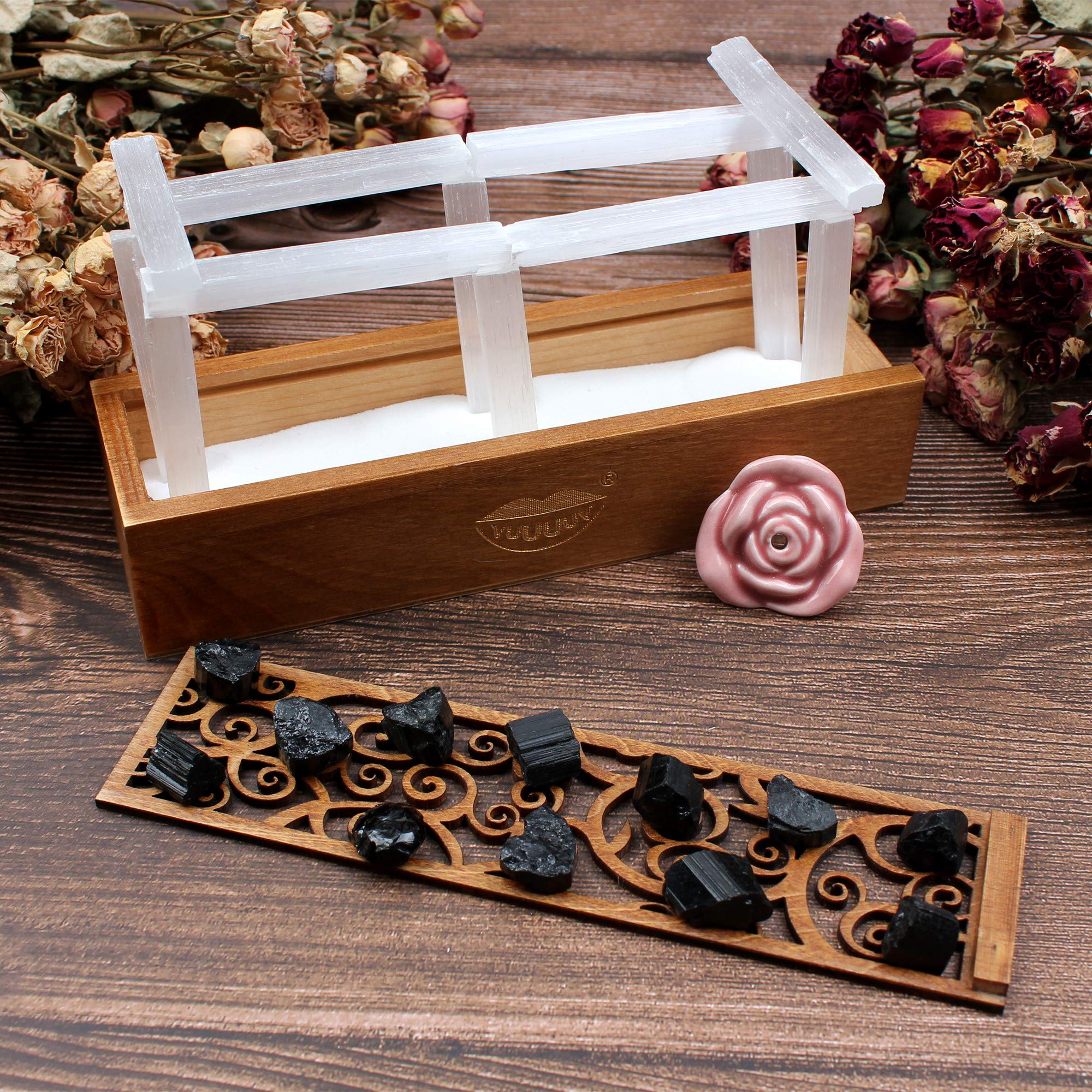 vuUUuv Natural Bulk Selenite Sticks & Black Tourmaline - Healing Crystals,Reiki, Cleansing Energy,Radiation Protection,Protection Grids (24 pcs)