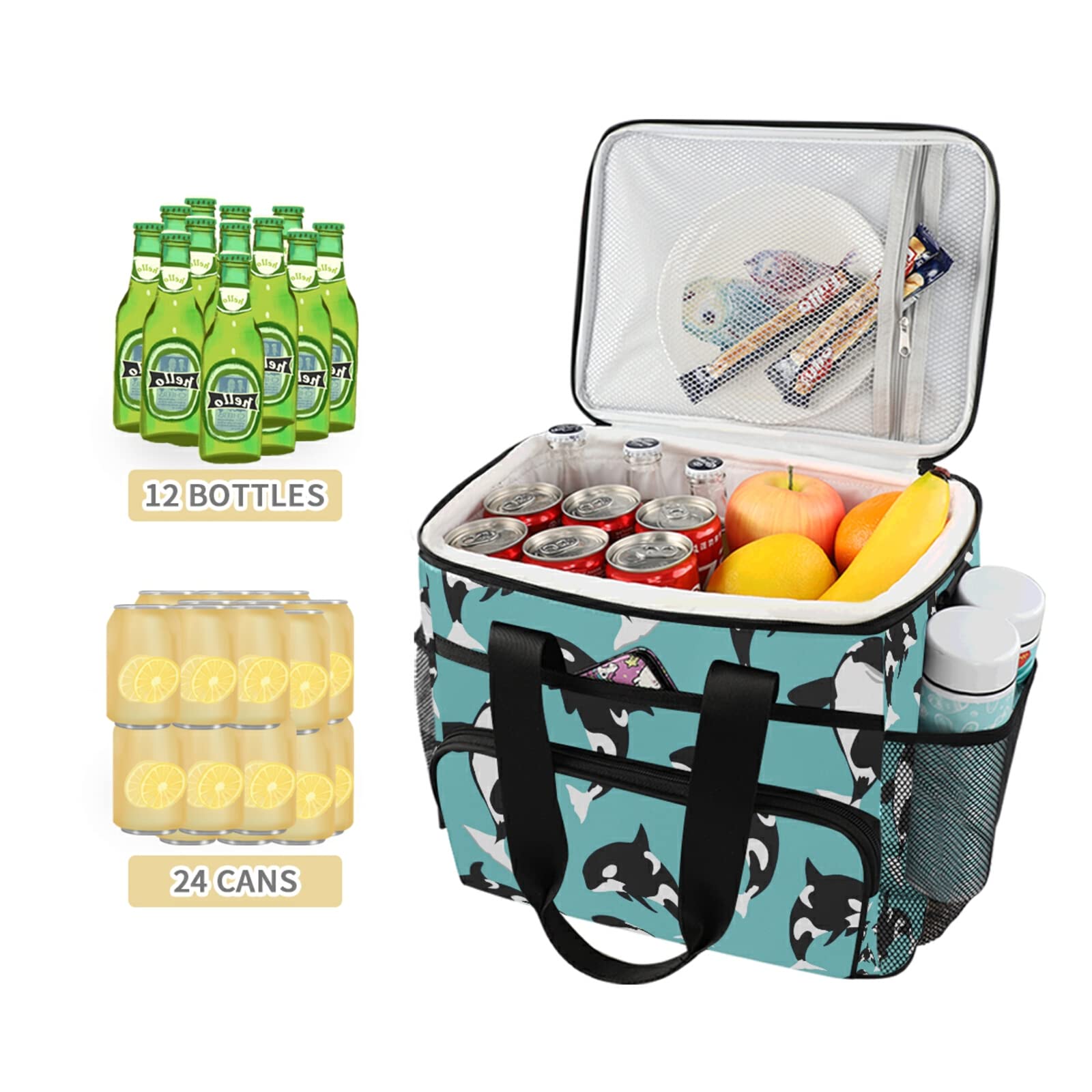 WELLDAY Lunch Bag Killer Whale Pattern Insulated Cooler Reusable Lunch Box with Shoulder Strap for Picnic Hiking