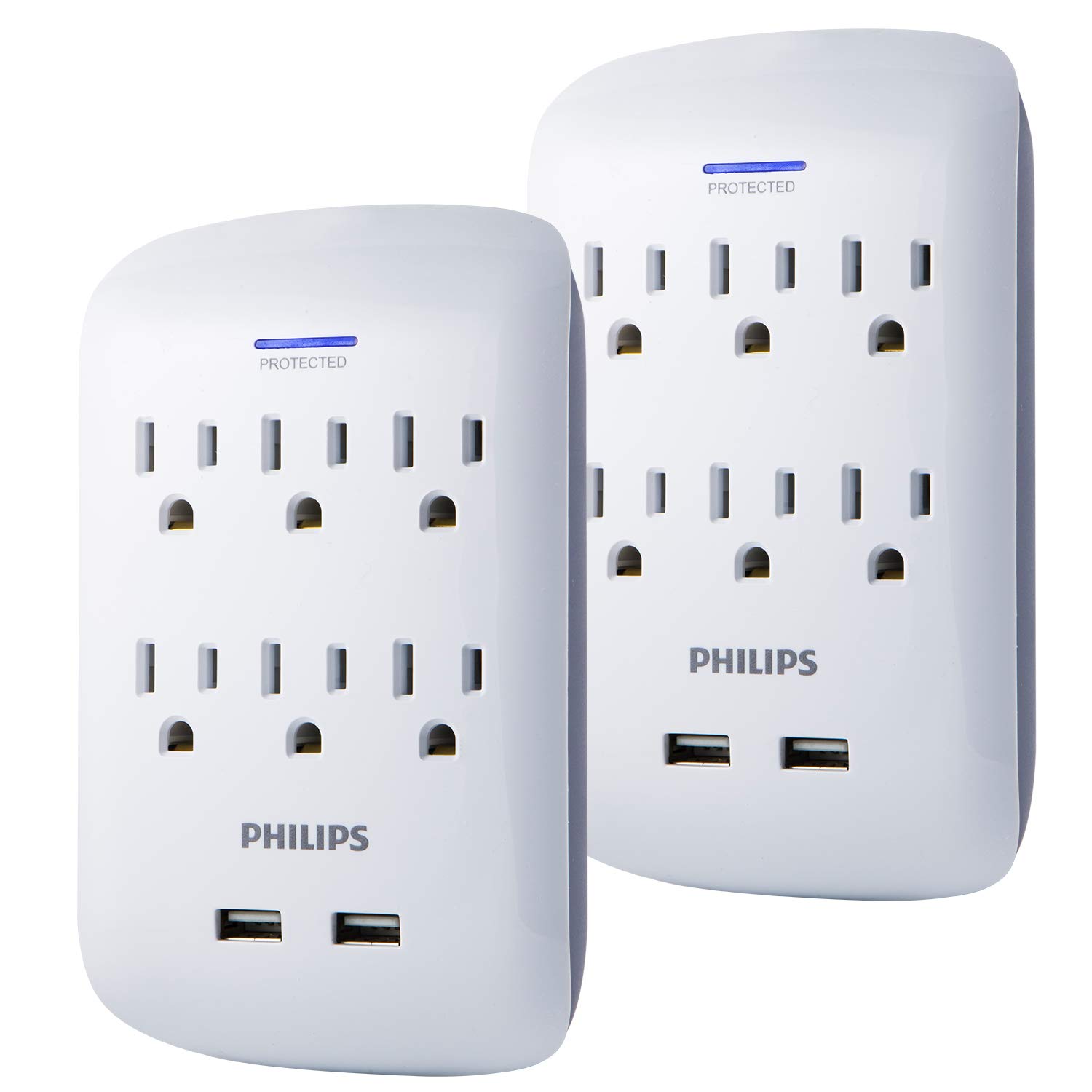 PHILIPS 6-Outlet Extender with 2-USB Port Surge Protector, 2 Pack, Charging Station, 900 Joules, Grounded Power Adapter, Indicator Light, 3-Prong, 2.4 AMP/12 Watt, ETL Listed, White, SPP6266WB/37