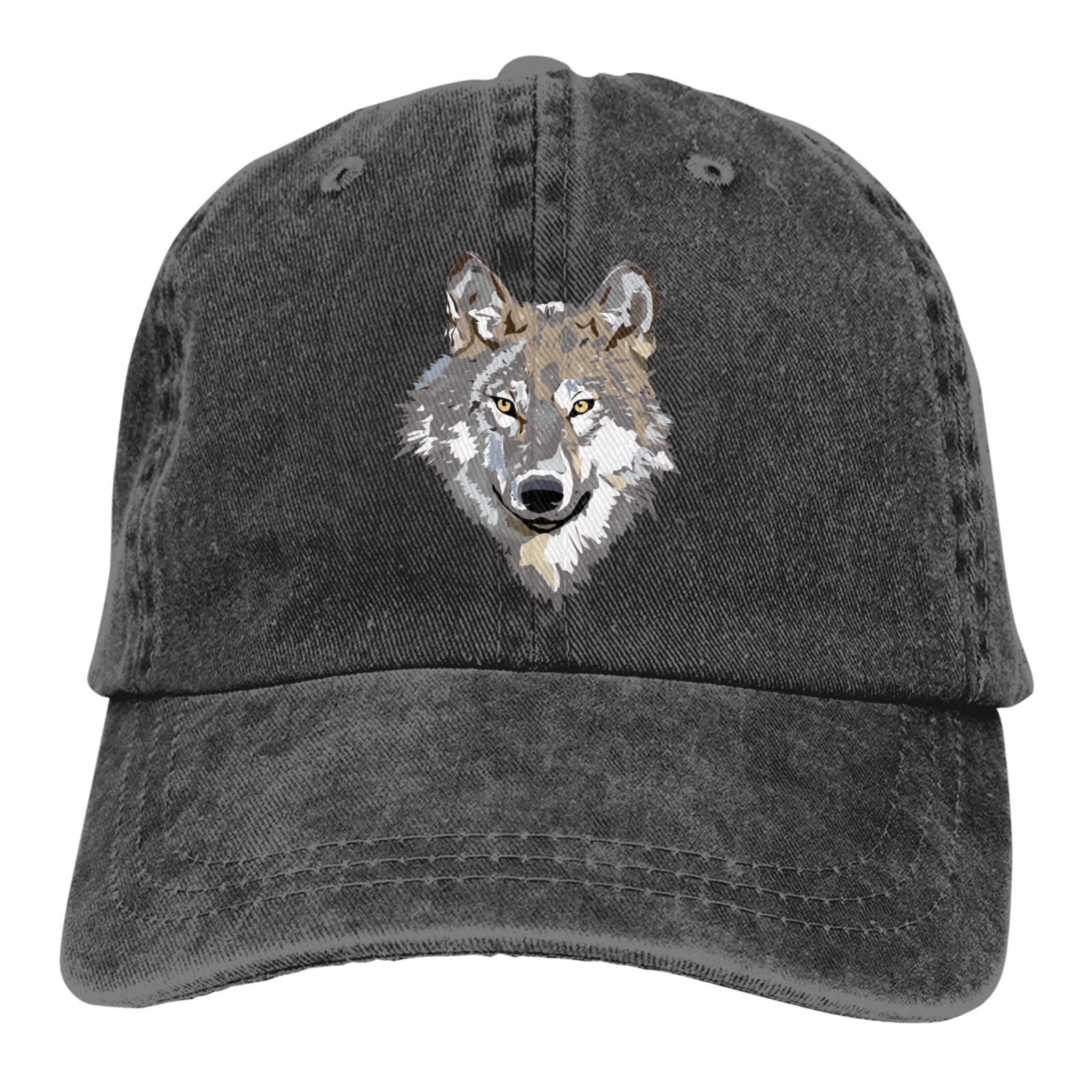 Wolf Head Hat for Men Women Black Adjustable Baseball Cap Vintage Dad Hat Breathable Low Profile Cotton Denim Hat for Running Hiking