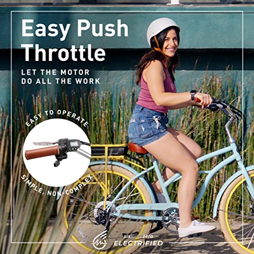 sixthreezero Around the Block Women's Electric Bike, 7 Speed Beach Cruiser eBike Bicycle with Rear Rack, 500 Watt Motor, 26 Inch Wheels, Sky Marigold