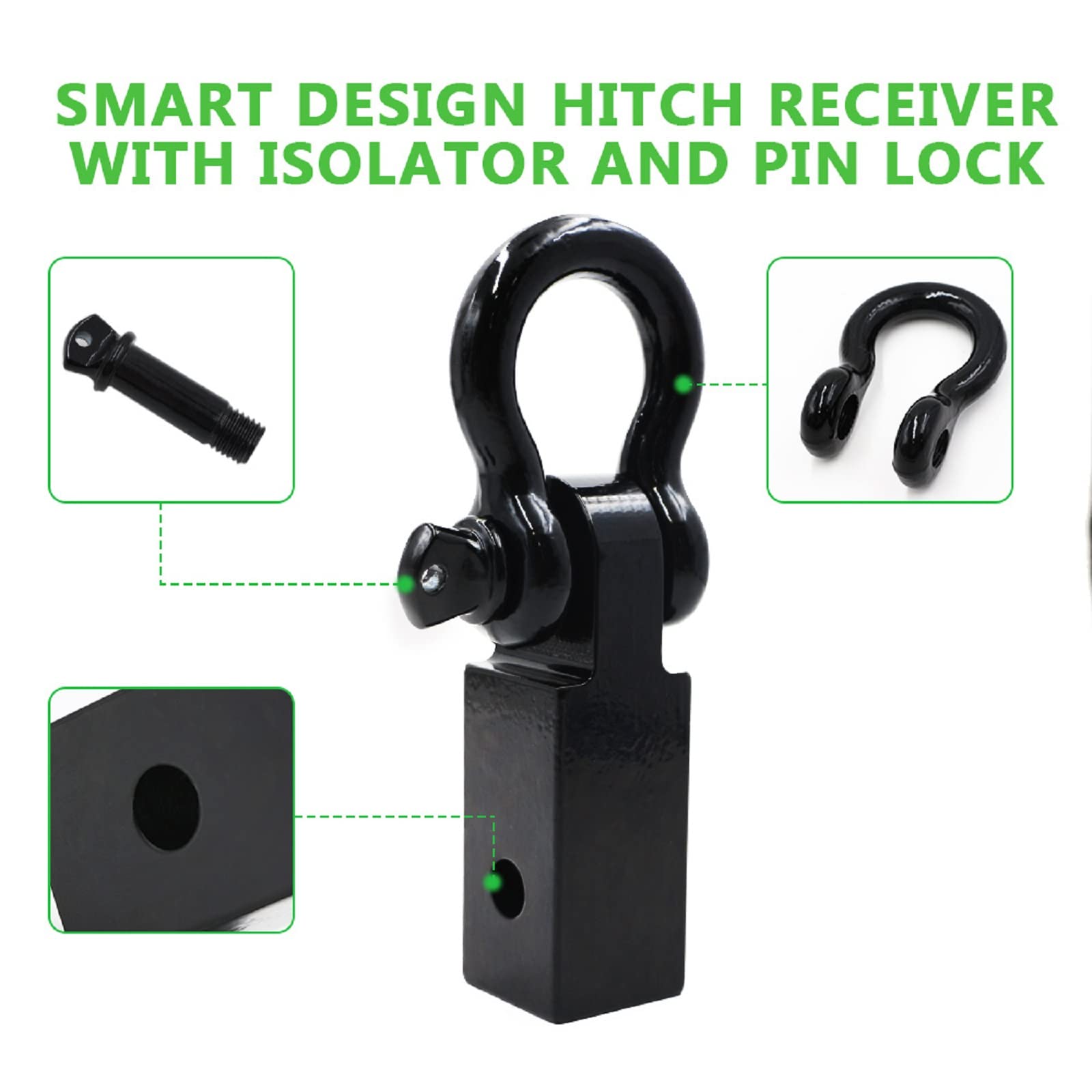 Shackle Hitch Never Rust Receiver, Best Towing Accessories Replacement for Jeeps & Trucks, 42,108 lbs Max Capacity, 2β Receivers, Shackle Bracket Heavy Duty and Solid with 3/4'' D Ring Shackle!