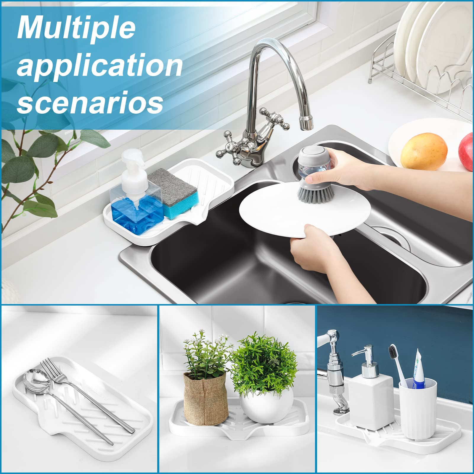 SUBEKYU Silicone Kitchen Soap Tray, Sink Tray for Kitchen Counter/Soap Bottles, Sponge Holder and Organizer with Drain Spout, White, [Size: 9.5 x 5 inch]