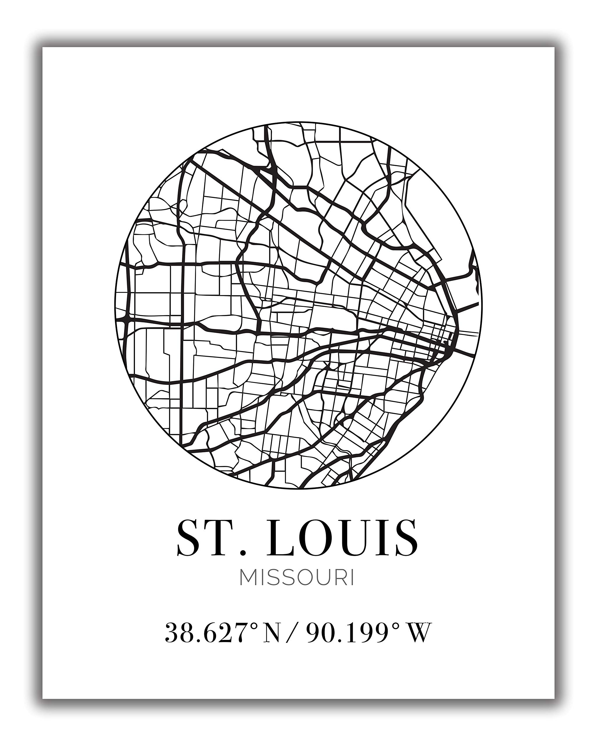 St. Louis MO City Street Map Wall Art - 11x14 Modern Abstract Black & White Aerial View Decor Print with Coordinates. Makes a great St. Louis -Themed Gift.