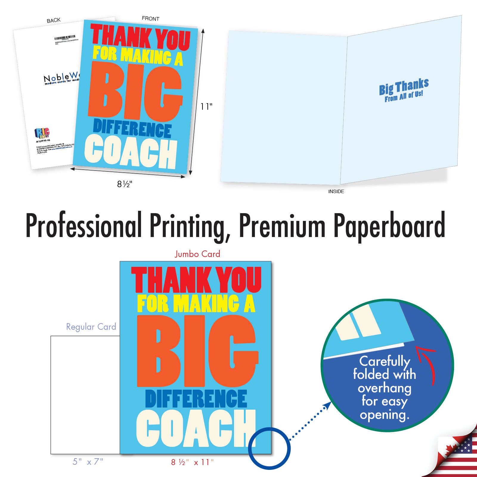 NobleWorks - 1 Jumbo Coach Thank You Greeting Card from Us (8.5 x 11 Inch) with Envelope, Team Sports Athlete, Oversize Note for School Teacher - Big Difference Coach J8159TYG-US
