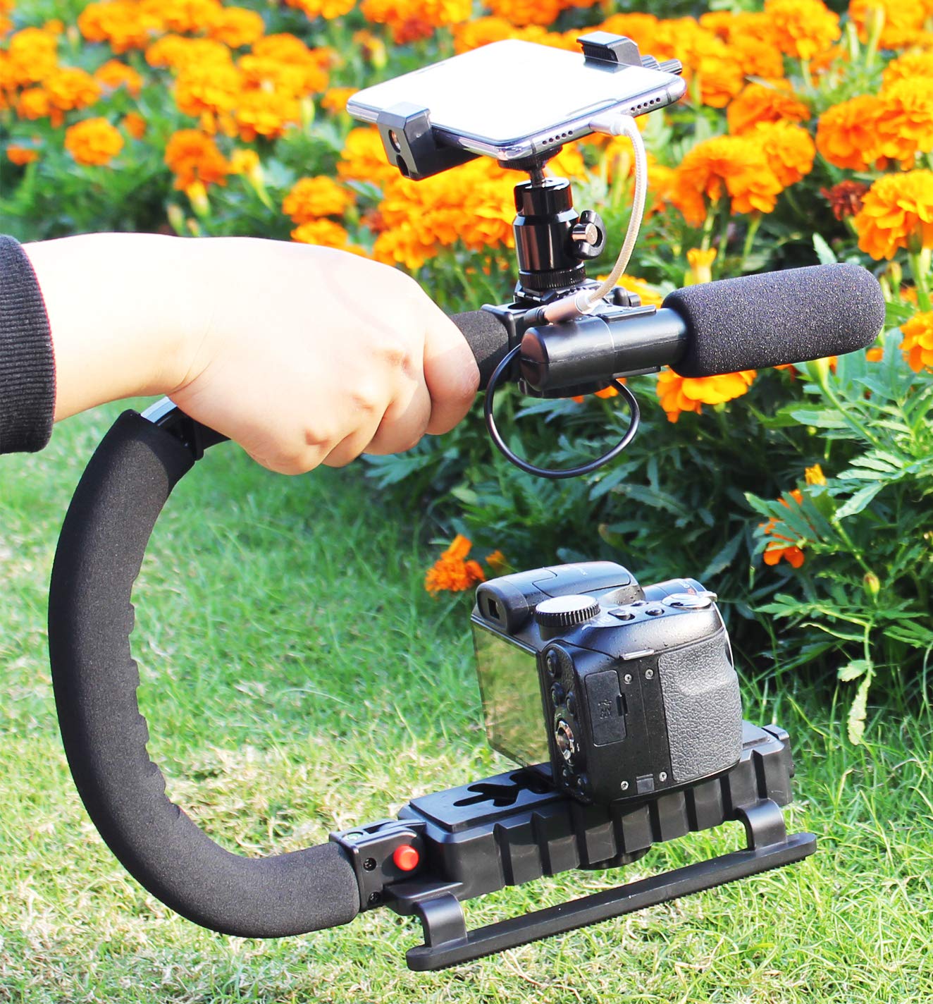 Stabilizer for Camera Smartphone GoPro DSLR/Mirrorless/Action Camera Camcorder, Foldable Handle Grip Handheld Video Rig Steadicam for All GoPro, Camera, Camcorder, iPhone, Huawei, Samsung etc