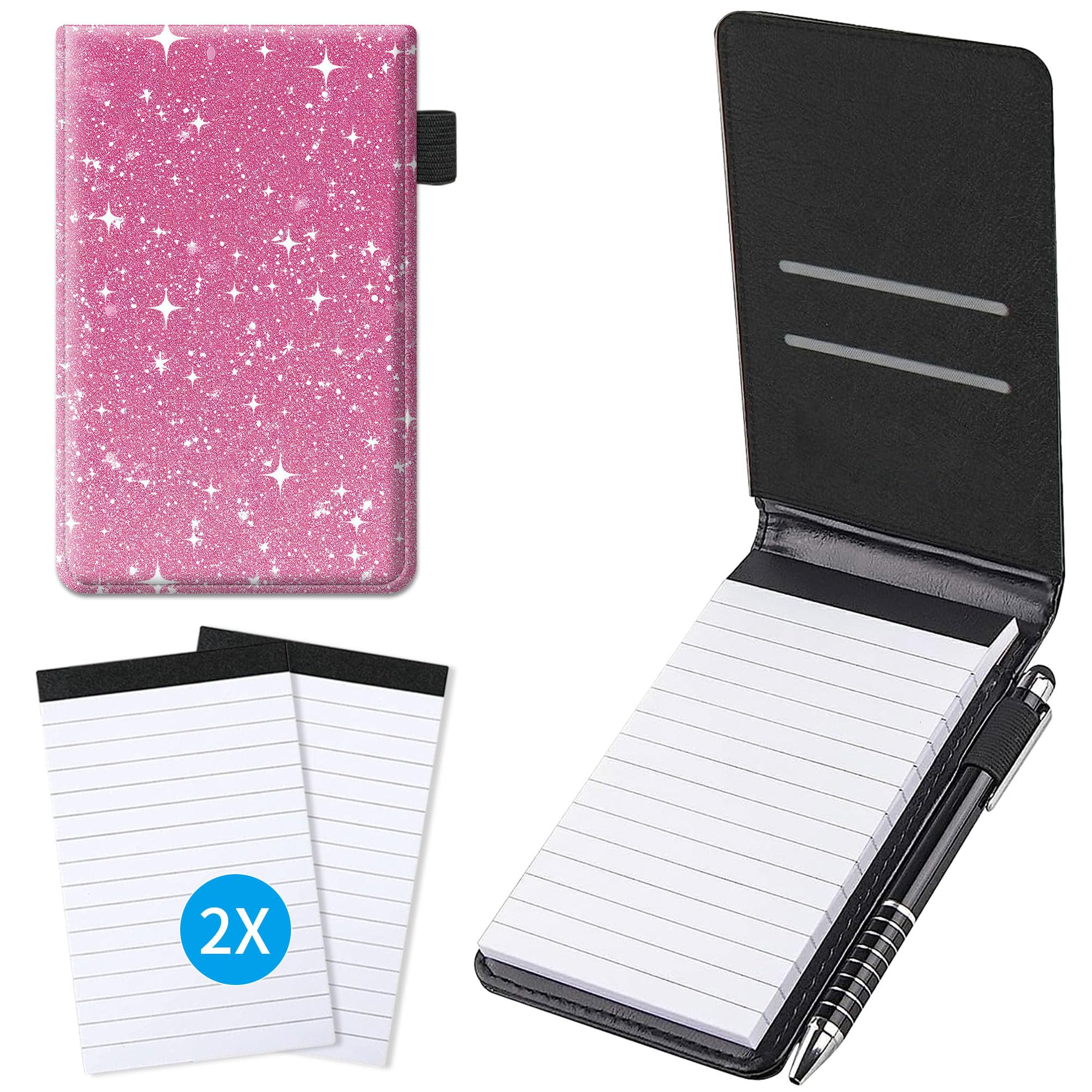 RYUITHDJP Small Memo Pad Notepad with Bling Theme, Mini Pocket Notepad Holder + 1 Pen + 2 Pieces Memo Book Refills 30 Lined Paper Note Pad