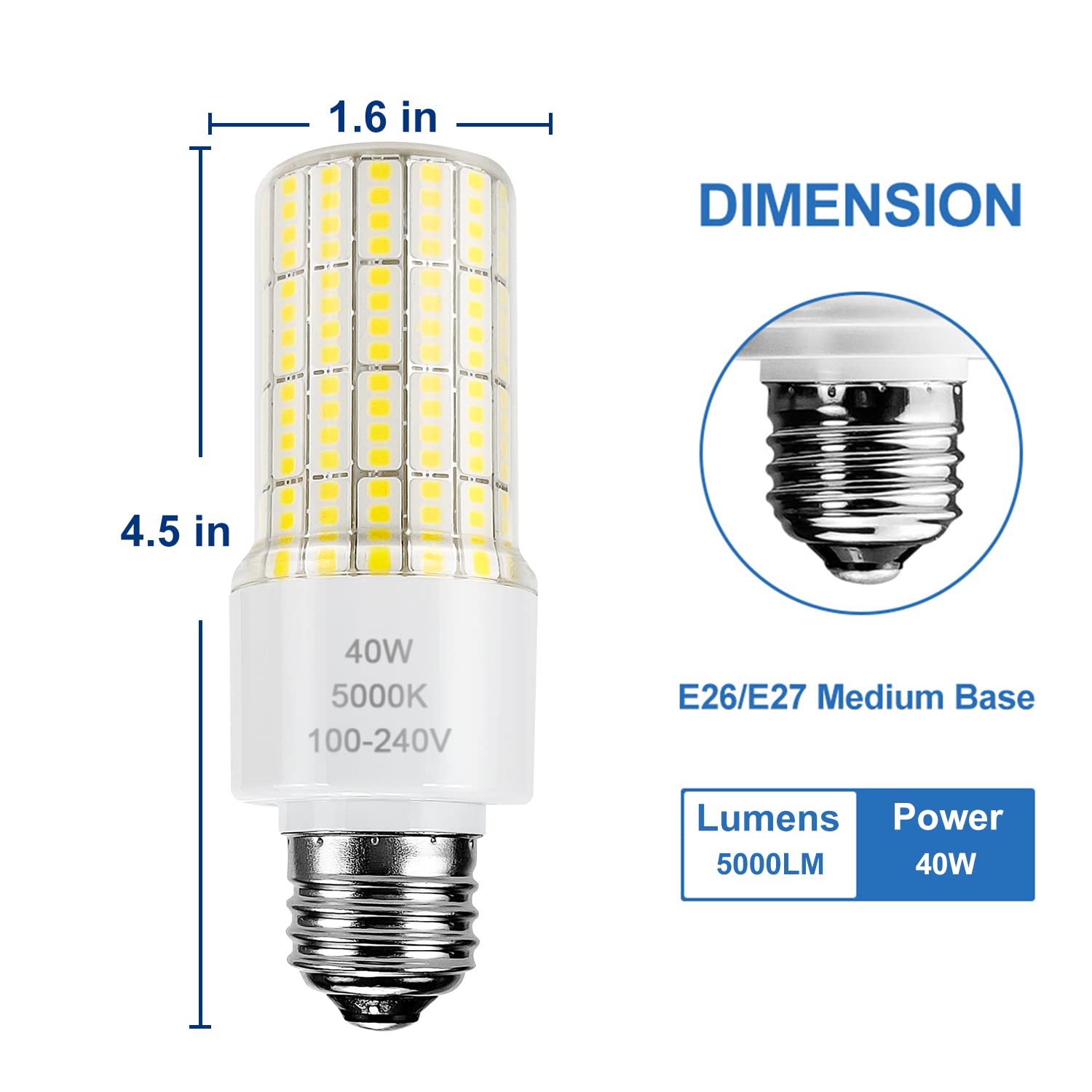 ZP 2 Pack Led Light Bulbs 5000Lm 300W Equivalent 5000K Cool Daylight White Led Bulbs E26/E27 Medium Base Led Corn Light Bulb for Outdoor Indoor Lamp Bedroom Chandelier Balcony Office Garage Warehouse