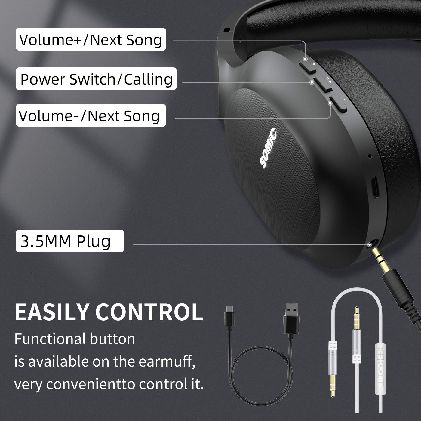 SOMIC Wireless Bluetooth Headphone with HI-FI Stereo, Soft Memory-Protein Earmuffs, 72H Playtime Over Ear Headset, Detachable Cat Ear On-Ear Headphones for Travel/Work/Class/Office MS300 Black