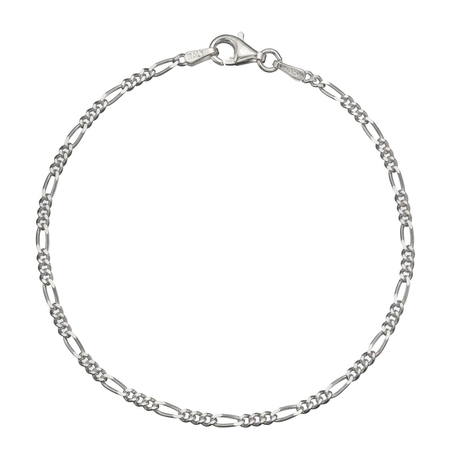 Solid 925 Sterling Silver 2.2mm Italian Figaro Chain Link Bracelet - 7"