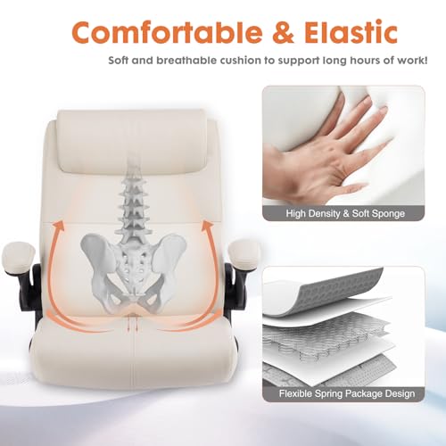 Sweetcrispy Ergonomic Executive Office Chair: Desk Chair with Wheels Mid Back Computer Chair with Lumbar Support Height Adjustable PU Leather Office Chair Flip Up Arms, Beige White