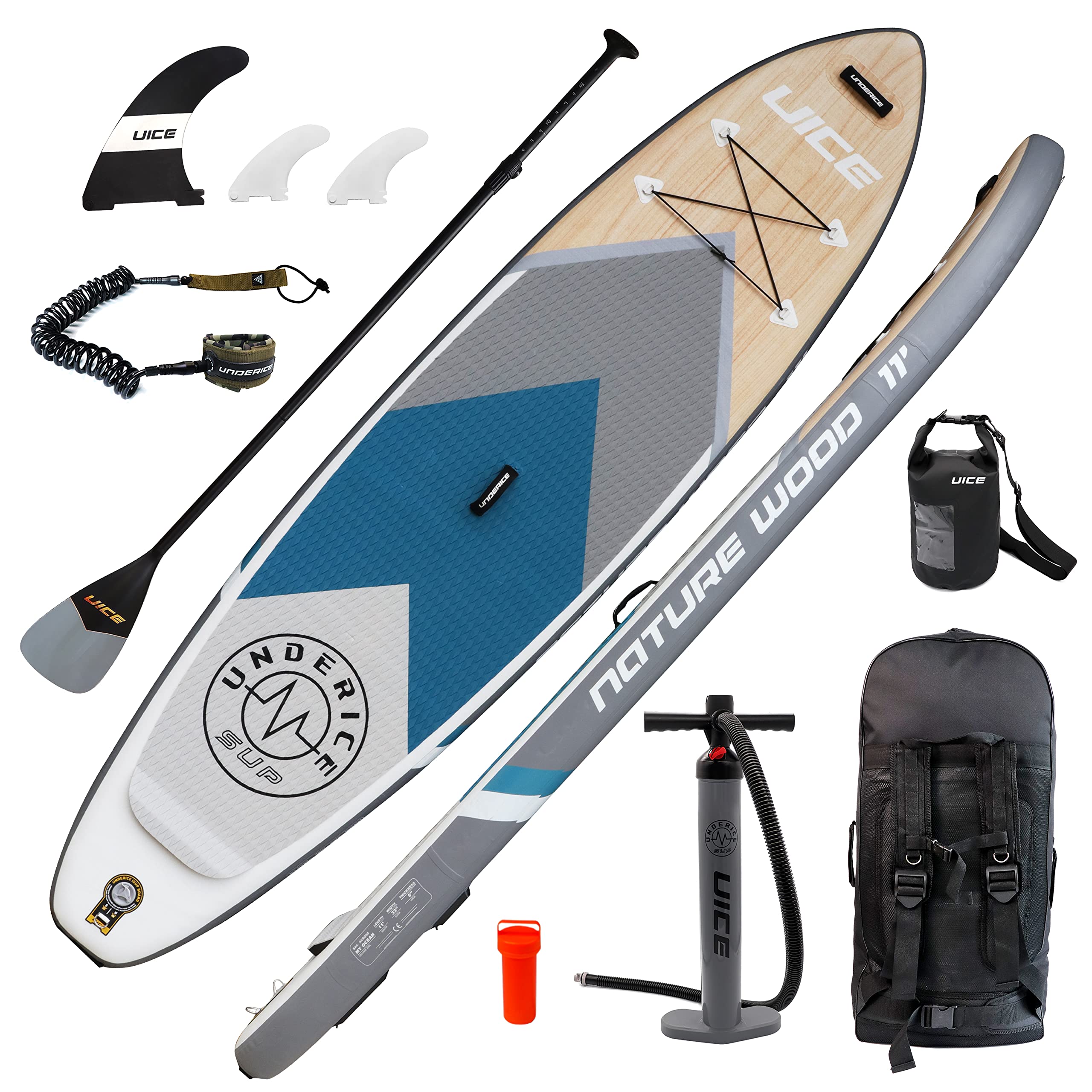 underice Inflatable Stand Up Paddle Board Grey Wood SUP 11' with Oversize Thick Backpack, 9" Smart-Clock Fins, 3-Piece Paddle, 10' Strong Safety Leash, Faster Inflate Deflate Pump