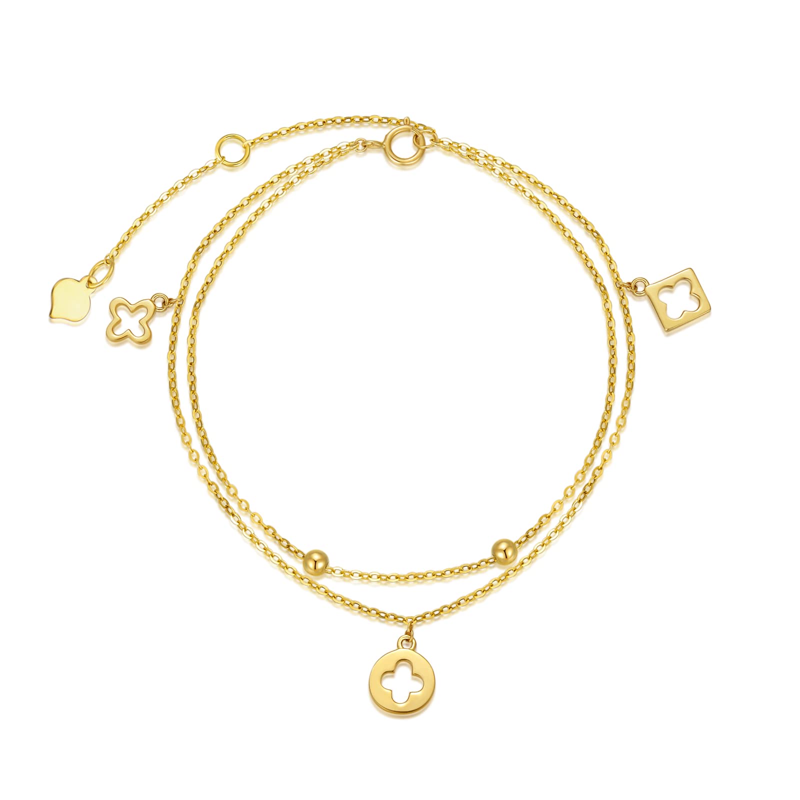 YDD 14K Solid Gold Four Leaf Clover Bracelet for Women Layered Bracelets for Women Gold Beaded Bracelet 6.5+1+1 inch