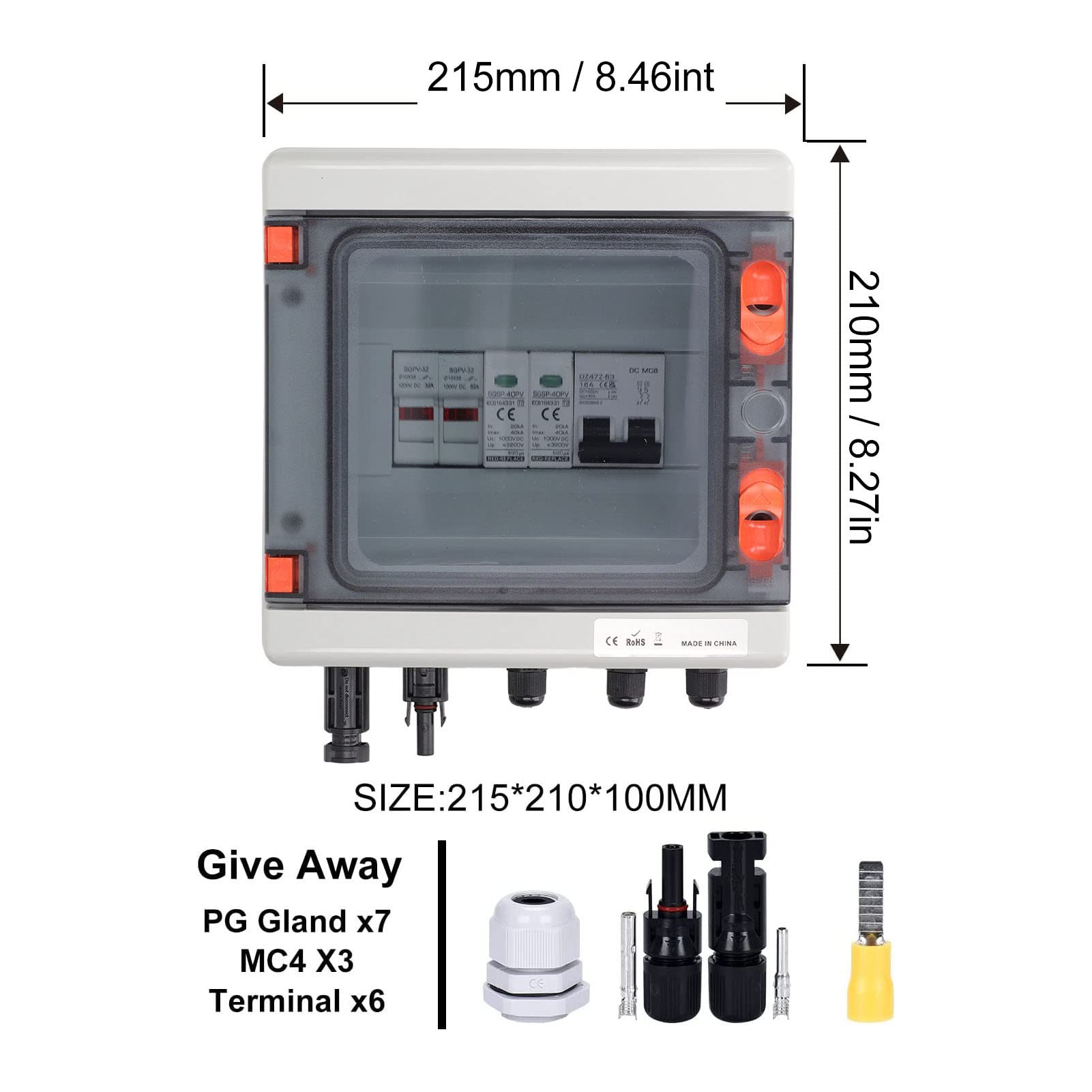 Solar PV Combination Box, IP65 Rated Waterproof and Dustproof, Light Indication Protective Transparent Cover, 40A 1000V Suitable for PV Grid Connection System