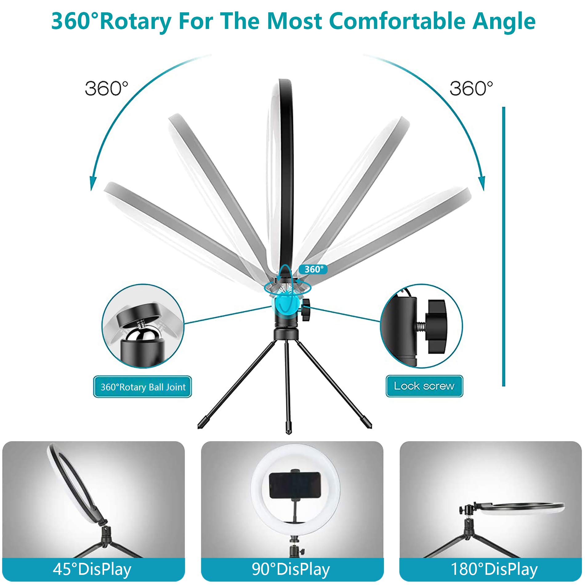 SUMCOO Dimmable Selfie 10" LED Desk Ring Light with Tripod Stand & Phone Holder & Remote for Live Streaming, TikTok Photography, iOS and Android Smartphone with 3 Light Modes & 10 Brightness Level