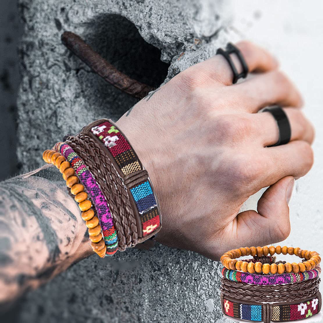 WAINIS 34 Pcs Braided Leather Bracelet for Men Women Stackable Cuff Wrap Wrist Bracelet Adjustable Ethnic Woven Wooded Bead Jewelry Bracelets Pack