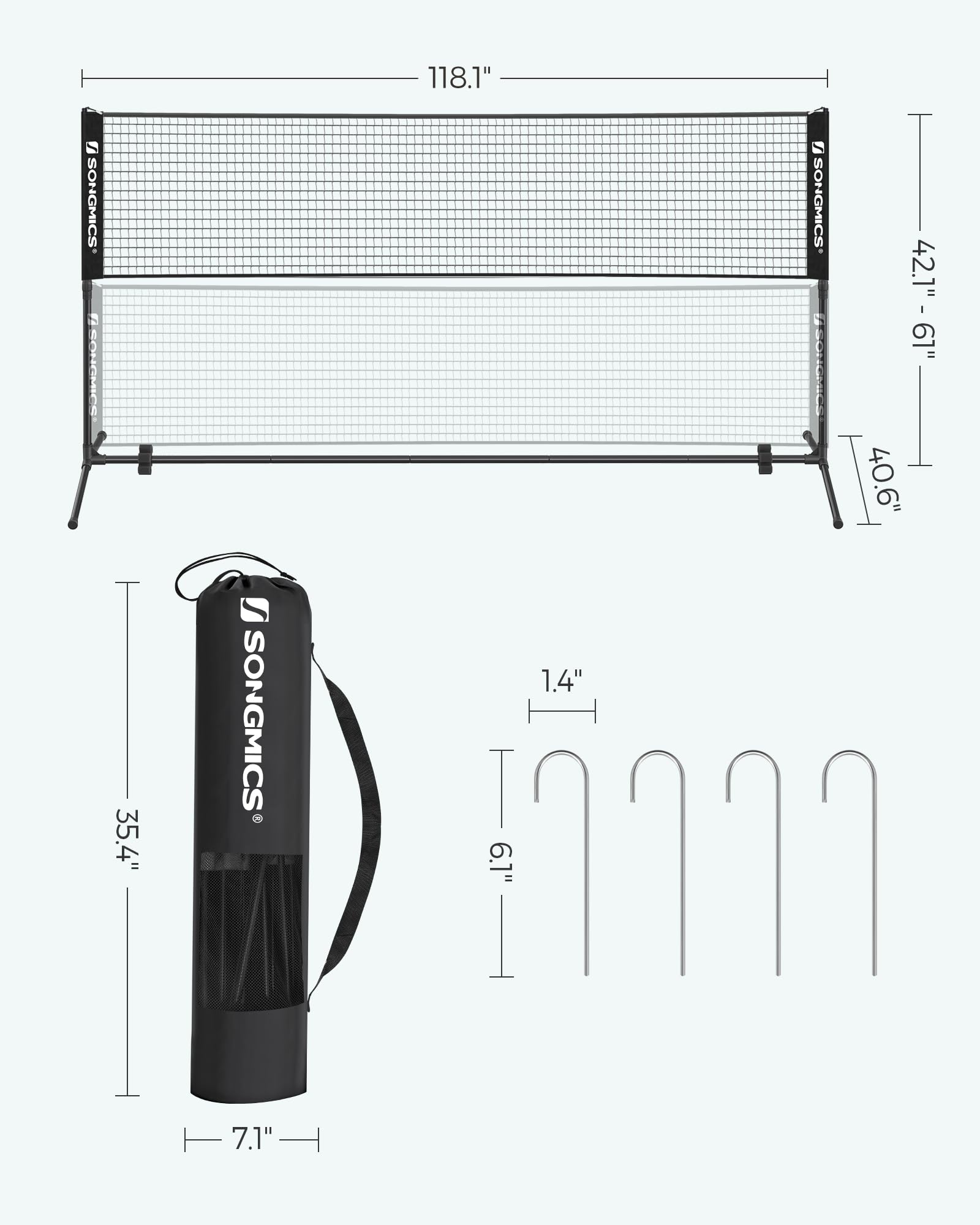 SONGMICS 10 ft Badminton Net, Height Adjustable Volleyball Net, Pickleball Net with Poles, Foldable Nylon Net for Tennis Indoor Outdoor Court, Black USYQ300HV1