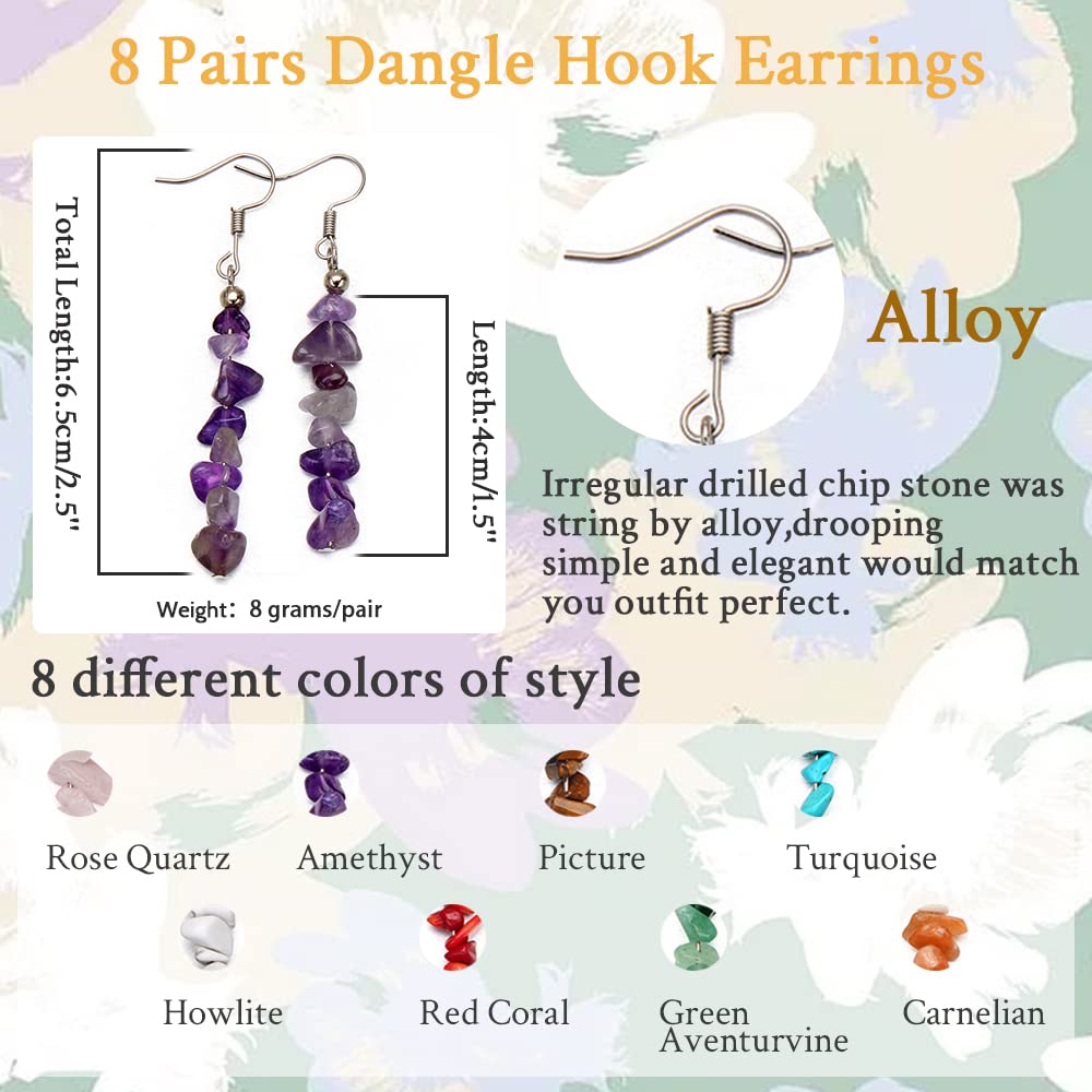 WAINIS 8 Pairs Natural Tumbled Stone Dangle Earrings for Women Colorful Crystal Dangle Drop Hook Earrings Chakra Healing Gemstone Chip Earrings Set