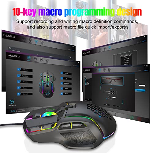 WREWING Gaming Mouse, Rainbow Backlit Wired Gaming Mice with 10 Macro Programming Buttons 6 Adjustable DPI 1000 Polling Rate, Ergonomic Mouse for PC Laptop Mac Windows (Black)