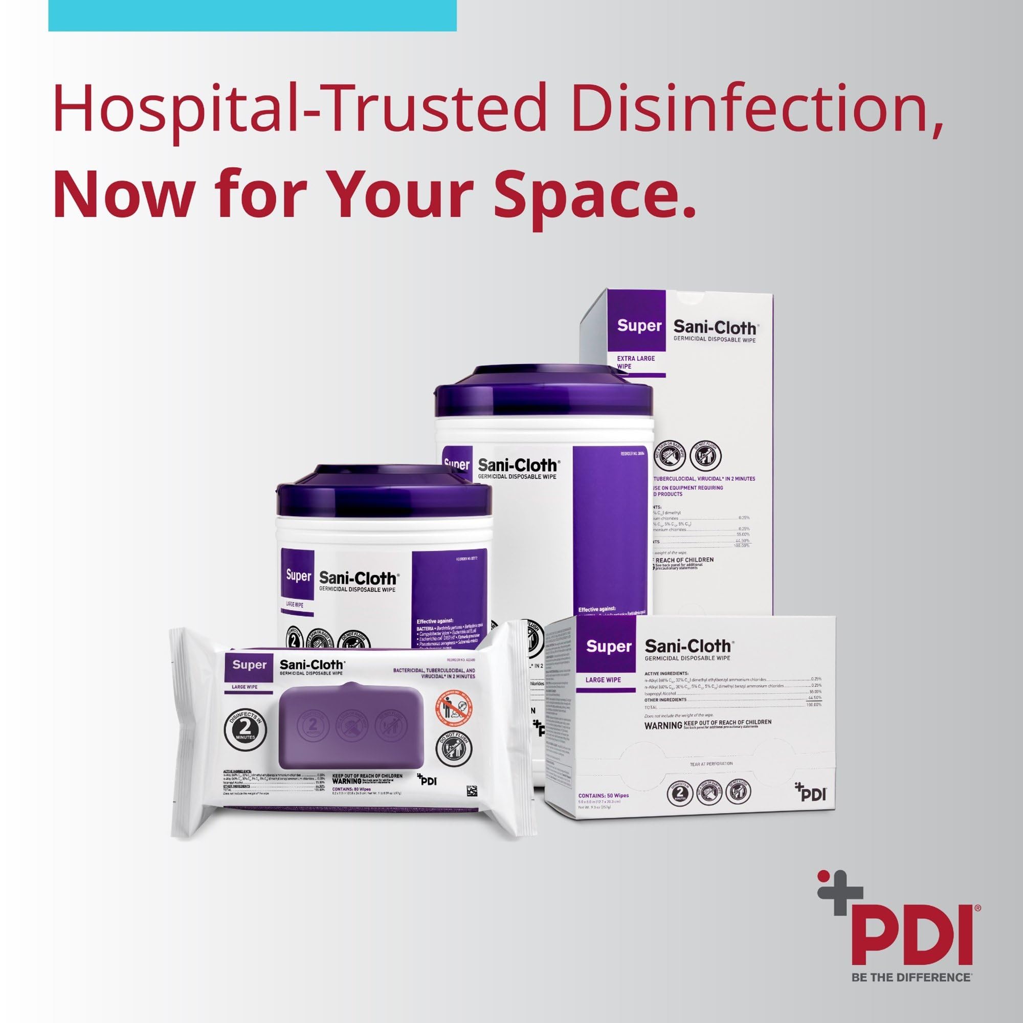 PDI Super Sani-Cloth Germicidal Disposable Wipe, White, 6 X 6-3/4", 160 Count