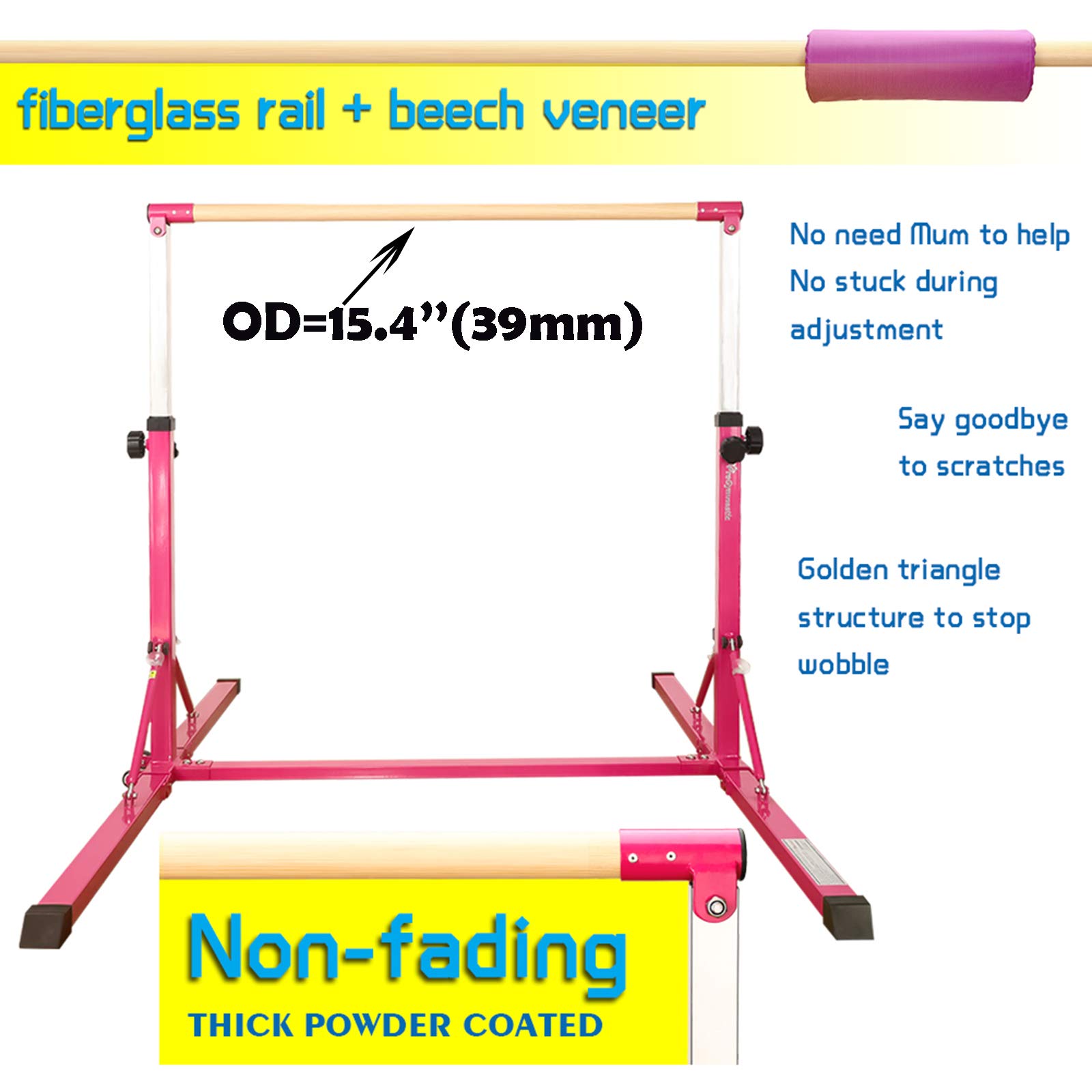 PreGymnastic Folding Junior Training Bar/Horizontal Training Bar Kip Bar Stainless Steel Regulating Arm & Strong Fiberglass Rail (Hot Pink)