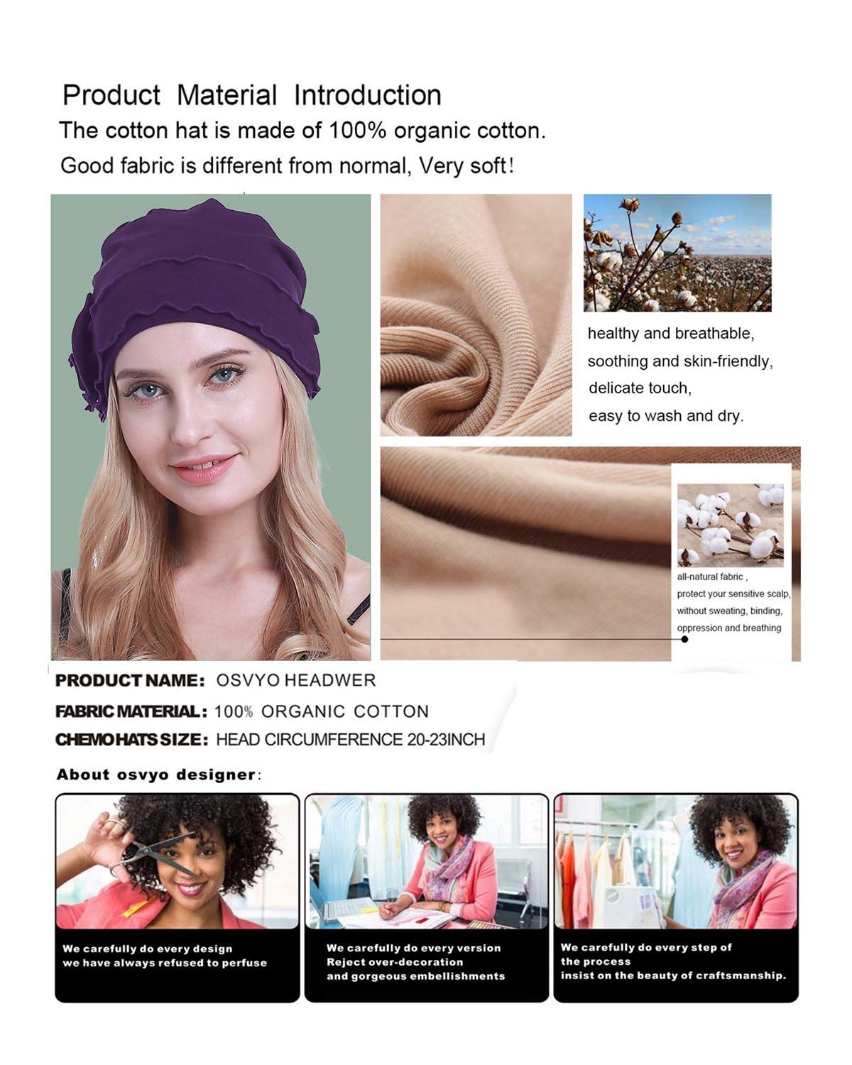 osvyo Chemo Headwear Turban Cap for Women - Cancer Beanie Hair Loss Sealed Packaging Light Grey