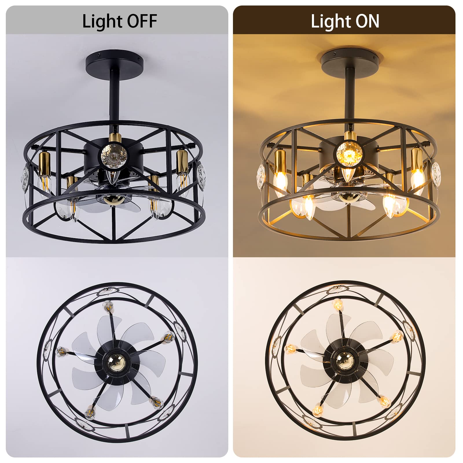 PAZALA Ceiling Fan with Light - Black Caged Ceiling Fan with Lights and Remote, Rustic Farmhouse Chandelier Ceiling Fan with 5 Lights, 3 Speed Reversible Airflow