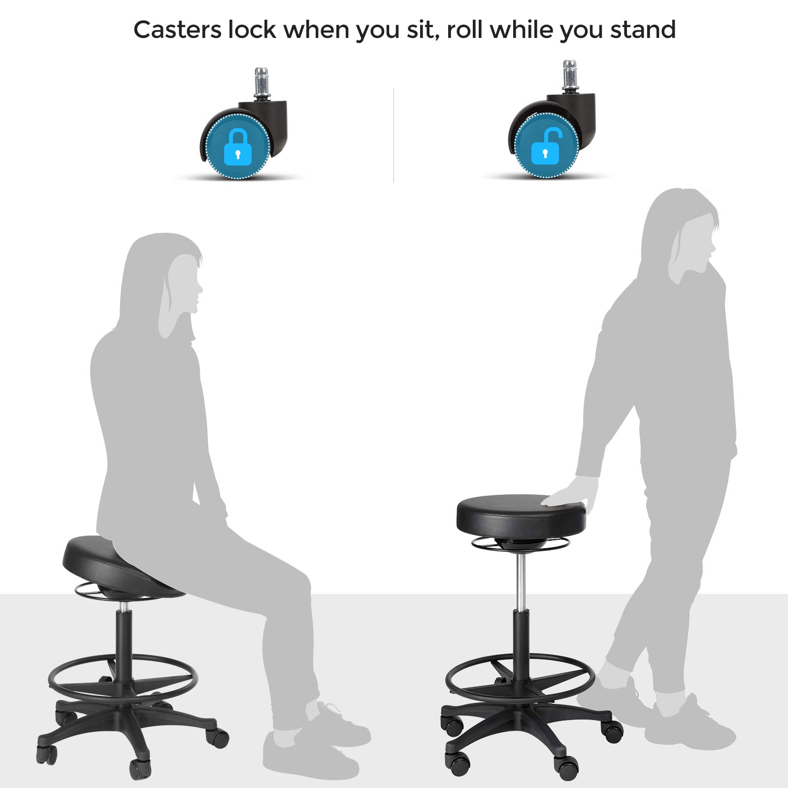 SONGMICS Office Stool Chair, Rolling Standing Stool, Ergonomic Wobble Stool with Adjustable Footrest, Swivel Adjustable Drafting Stool, 23.4-31.9 Inches, Black UOSC007B01