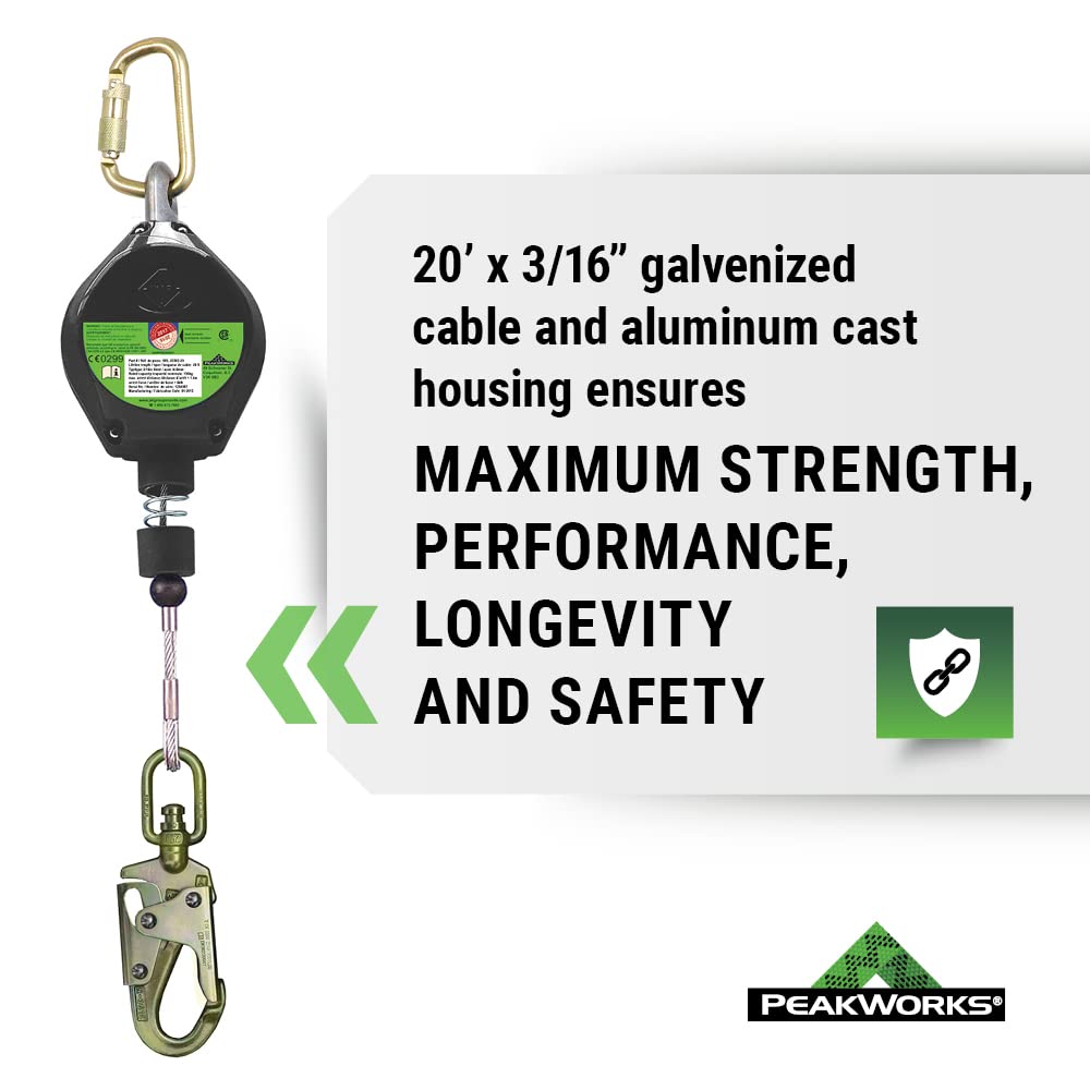 PEAKWORKS Fall Protection Safety Lifeline, Self Retracting (SRL) Cable, 20 ft Vertical and Horizontal Cable, Galvanized Steel Snap Hook Harness for Climbing, Rescue, Hunting, Roofing, V845533020LE