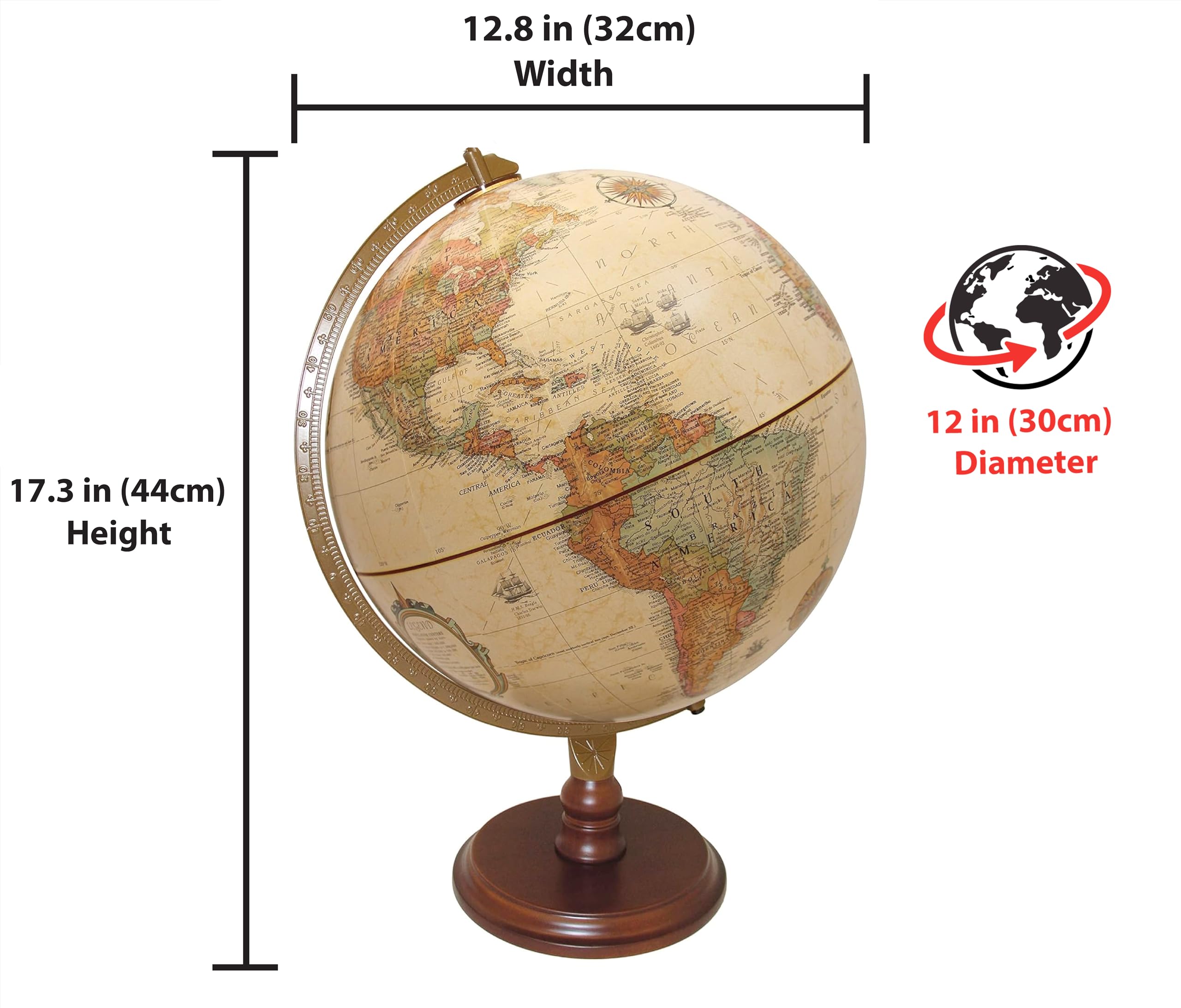 Replogle Lenox, 12"/30cm diameter Antique Style, Desktop Globe, Classic World Globe with up-to-date Cartography, Made in USA