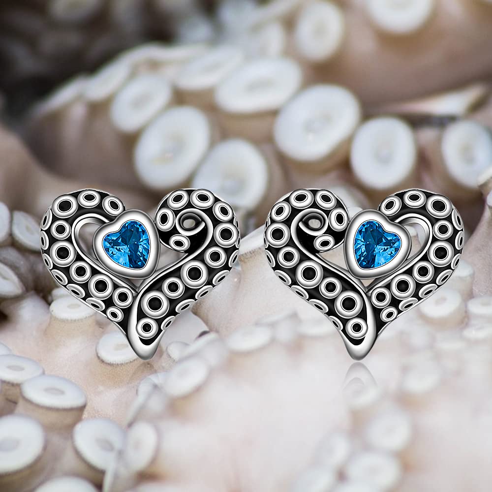 Tentacle Earrings for Women Sterling Silver Blue Heart Cubic Zirconia Ocean Black Octopus Tenticles Earrings Studs Gifts for Her