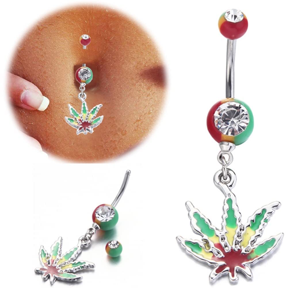 Shuning 3PC Maple Leaf Belly Navel Ring Weed Button Body Piercing Jewelry Bar