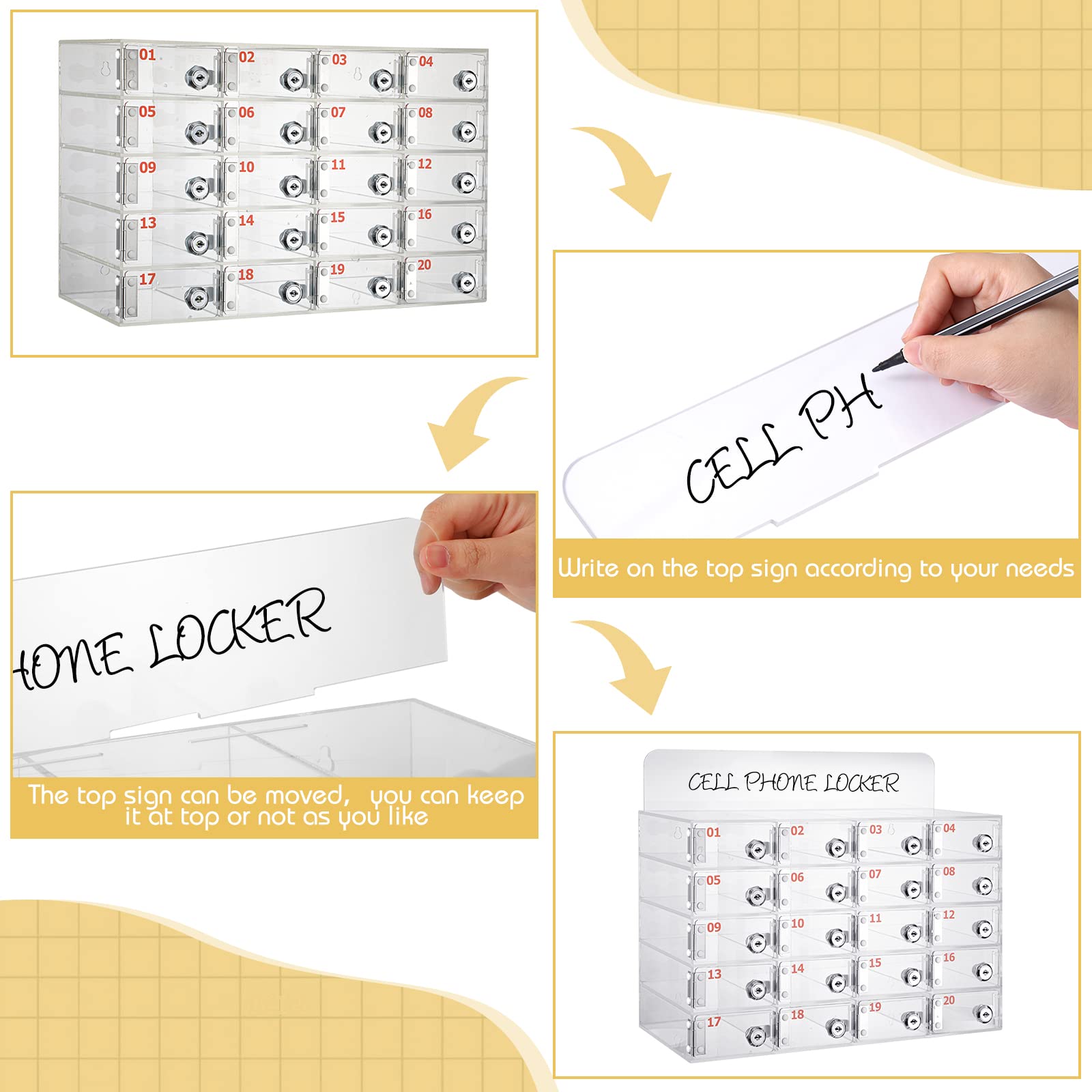 Threan Cell Phone Locker Box Clear Cell Phone Storage Acrylic Cell Phone Lock Box with Door Locks and Keys Wall Mounted Cell Phones Storage Cabinet for Office School Classroom Factory (20 Slots)