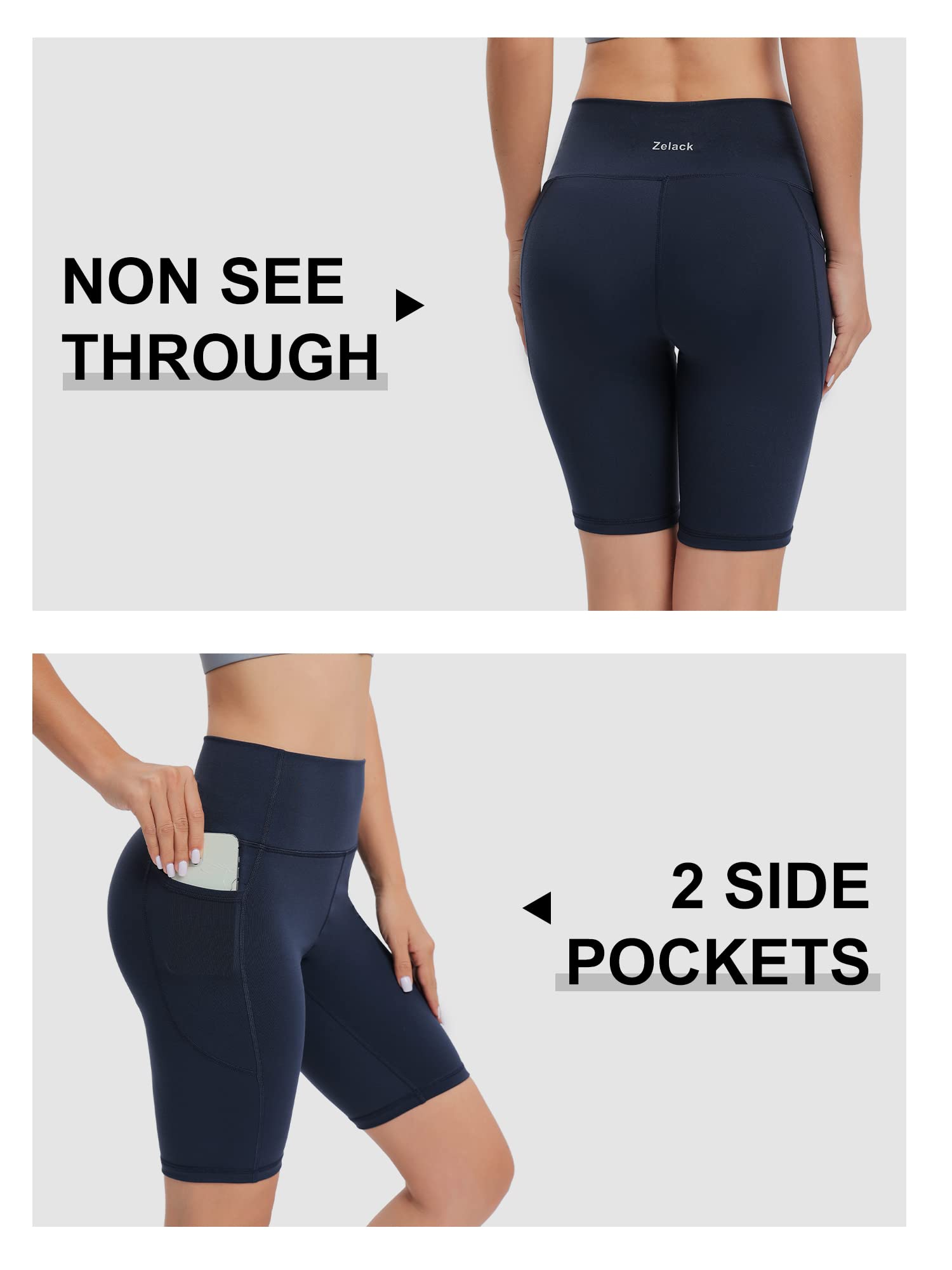Zelack High Waisted Biker Shorts for Women Workout Tummy Control Shorts with Pockets Yoga Running Shorts,Navy Blue,M