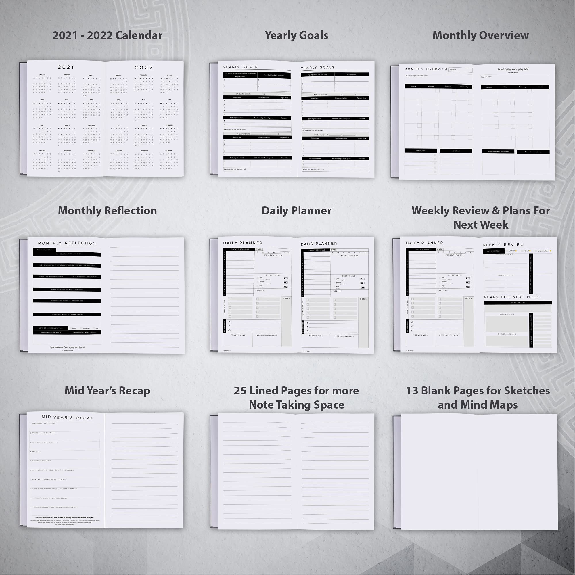 VERTANNI Daily Planner - A5 Undated Calendar Planner for 6 Months - Increase Productivity and Time Management - Organizer Notebook for Personal or Career Objectives - Boost Performance and Focus