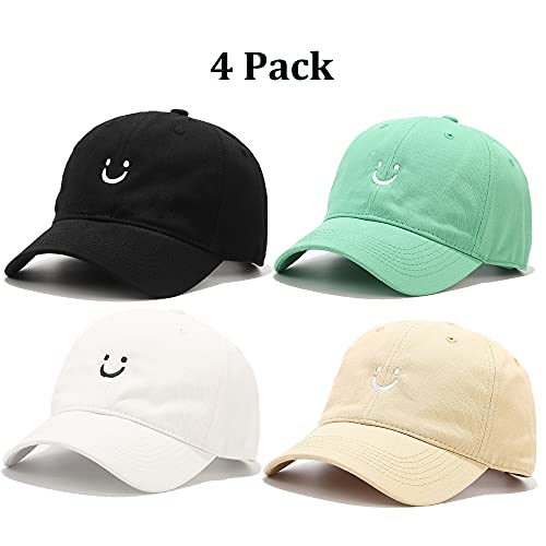 Voilipex 4 Pack Baseball Cap for Women Men Low Profile Cotton Dad Hat Adjustable Plain Hat (Smile Face Black, White, Beige, Turquoise)