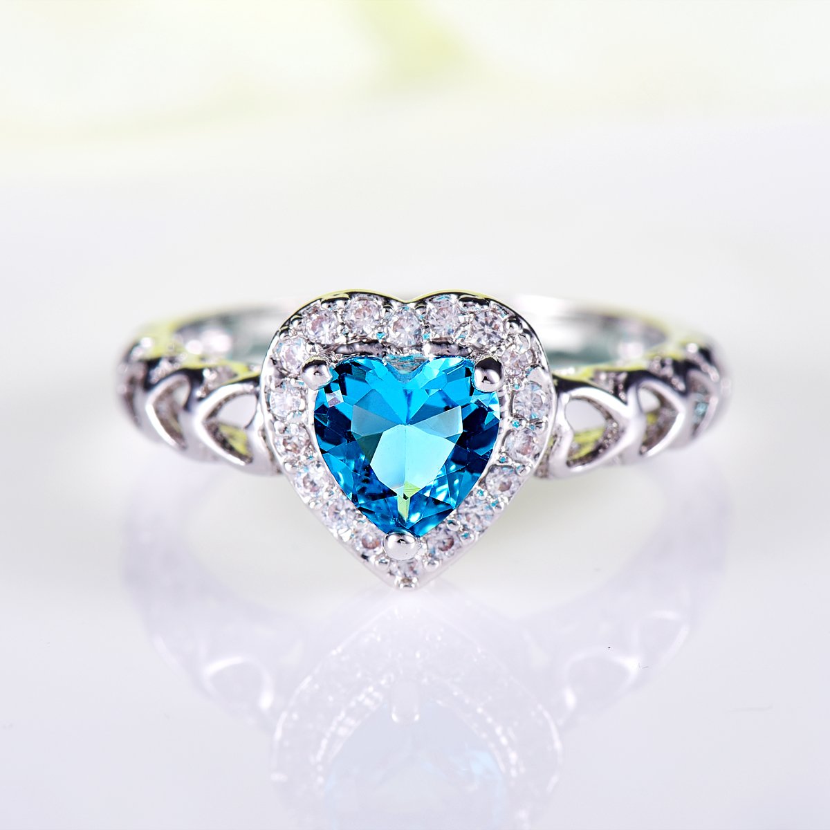 Psiroy 925 Sterling Silver Created Blue Topaz Filled Halo Heart Promise Ring Size 12
