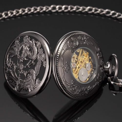 SIBOSUN Pocket Watch Antique Dragon Mechanical Skeleton Double Cover with Chain Men - Bronze Blue