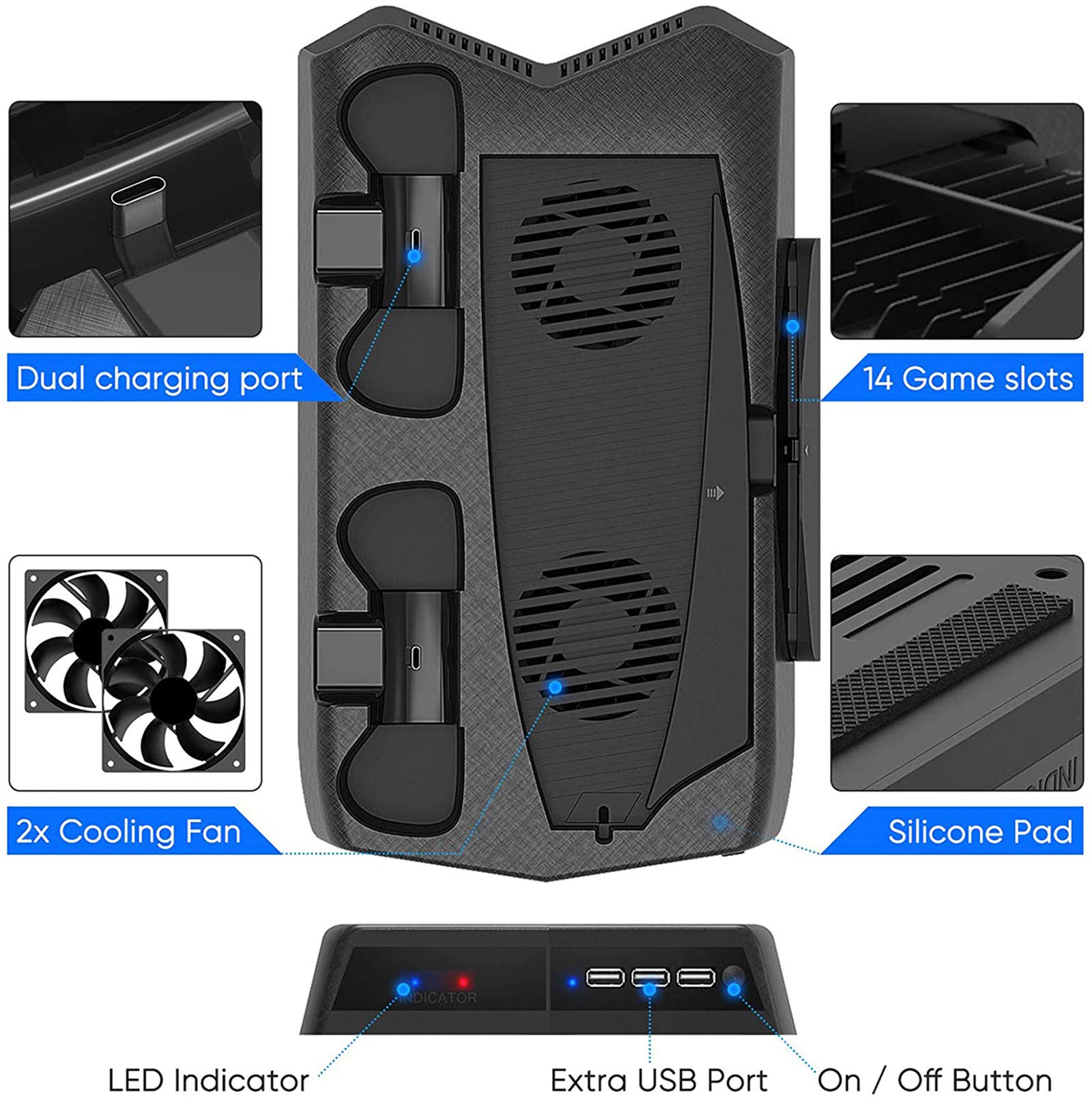 Vertical Stand for PS5 - With Cooling Fan Digital Edition/Ultra HD Playstation 5 Stand Controller Charge Station with Dual Controllers EXT Port Charger Dock and 3 USB HUB, 14 Game Slots
