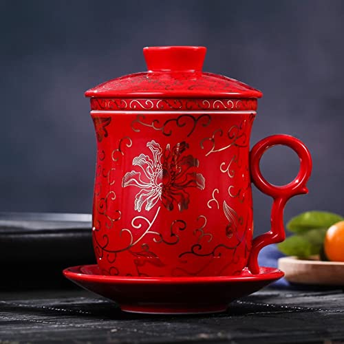 Tea Talent Porcelain Tea Cup with Infuser Lid and Saucer Sets - Chinese Jingdezhen Ceramics Coffee Mug Teacup Loose Leaf Tea Brewing System for Home Office