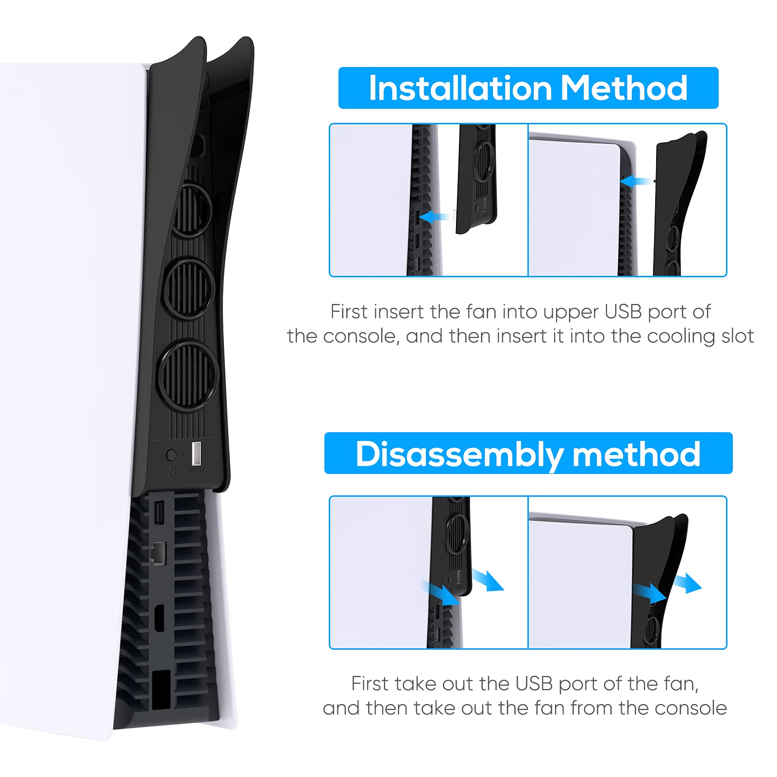Vertical Stand Cooling Fan for PS5 - Dual Controller Fast Charger Station Detached Cooling Fan w/Headset Holder - 2in1 Triple USB Cooler Fan Fast Charging & 2 USB Port, for PS5 DE&UHD DualSense